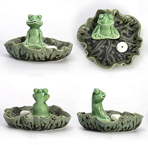 FKOG Cute Ceramic Frog Incense Holder for Sticks, Tree Frog Yoga Meditation Incense Sticks Holder, Lotus Leaf Incense Burner with Ash Catcher for Massages Aromatherapy (Green)