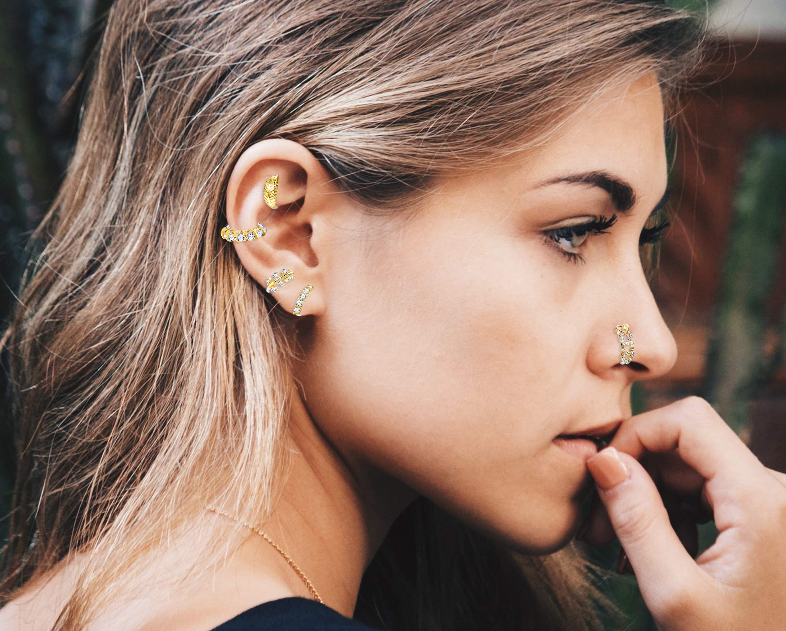 FINREZIO 5 Pcs 20G Gold Plated Stainless Steel Nose Ring Hoop Paved CZ Crawler Cartilage Earring Ear Piercing Jewelry 8mm