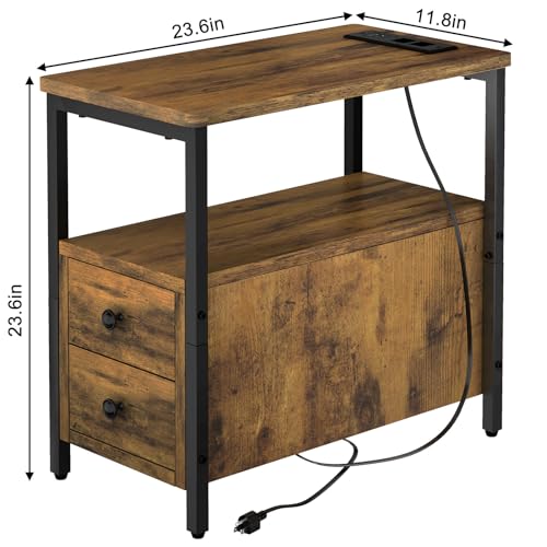 Fixwal Side Table with Charging Station, Narrow End Table with 2 Wooden Drawers, Nightstand Sofa Table for Small Spaces, Living Room, Bedroom, Rustic Brown