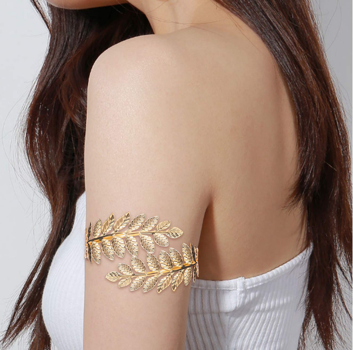 Finrezio Greek Goddess Headband Arm Cuff Bridal Jewelry Set Roman Laurel Leaf Branch Crown Armlet Upper Arm Band Bracelet Adjustable (A:Gold tone)