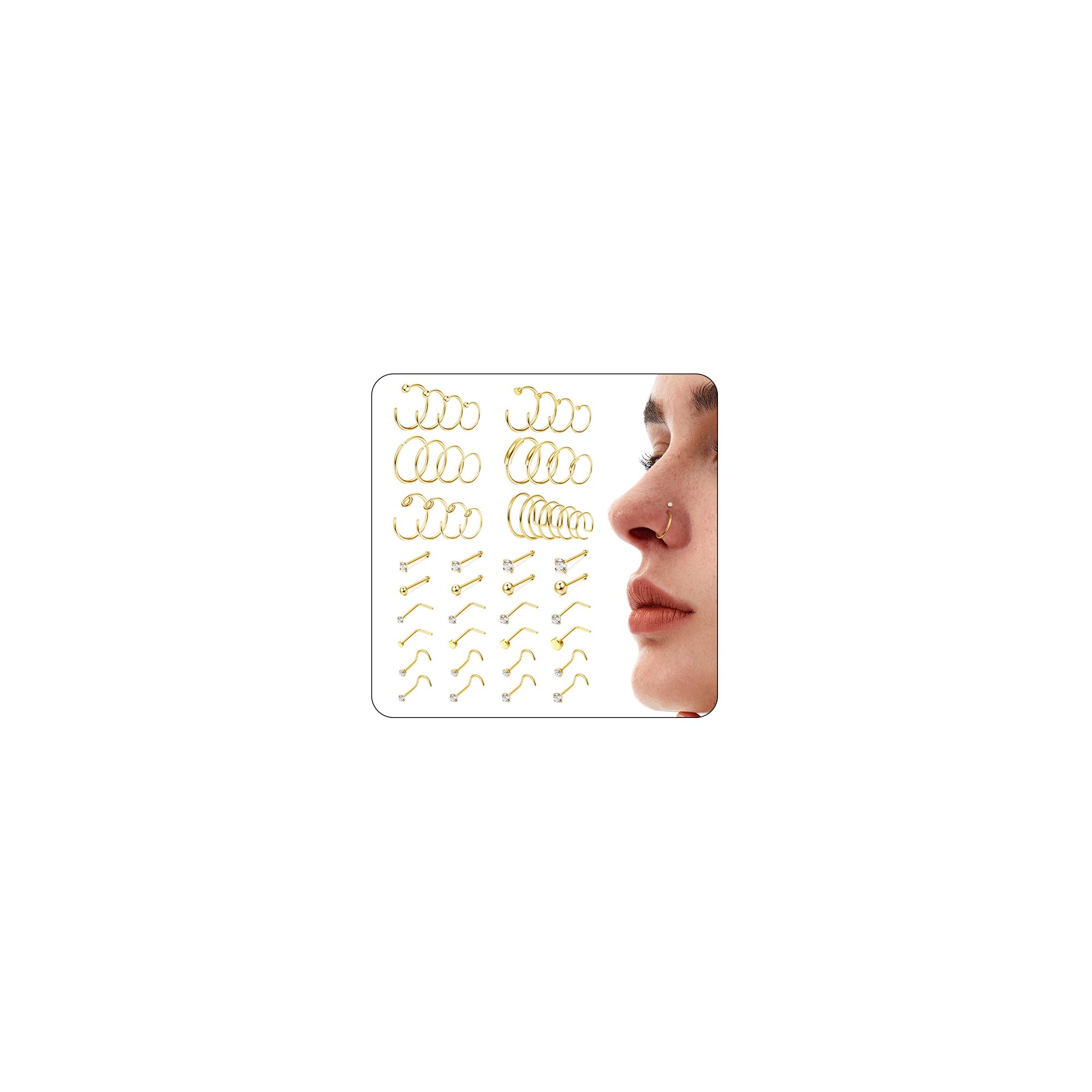FINREZIO 48PCS 20G Surgical Steel Nose Rings Hoop Studs Cartilage Earrings Body Piercing Jewelry 1.5mm 2mm 2.5mm 3mm CZ 6mm-12mm Hoop 3 Colors (gold tone)