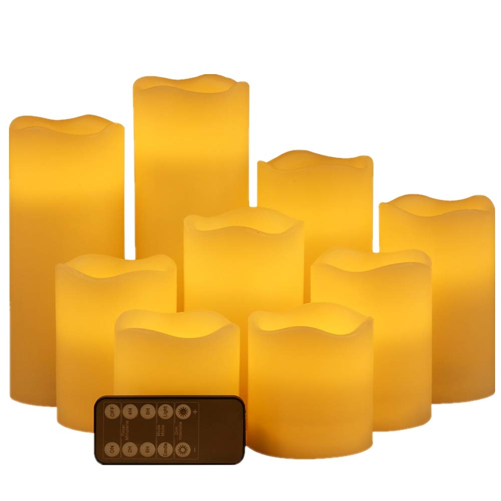 Flameless Candles LED Candle Set of 9 (D 3" x 3" 4" 5" 6" 7" 8") Flickering Electric Candles aa Battery Operated, Real Wax Moving Wick LED Pillar Candle Sets with Remote Control and Timer