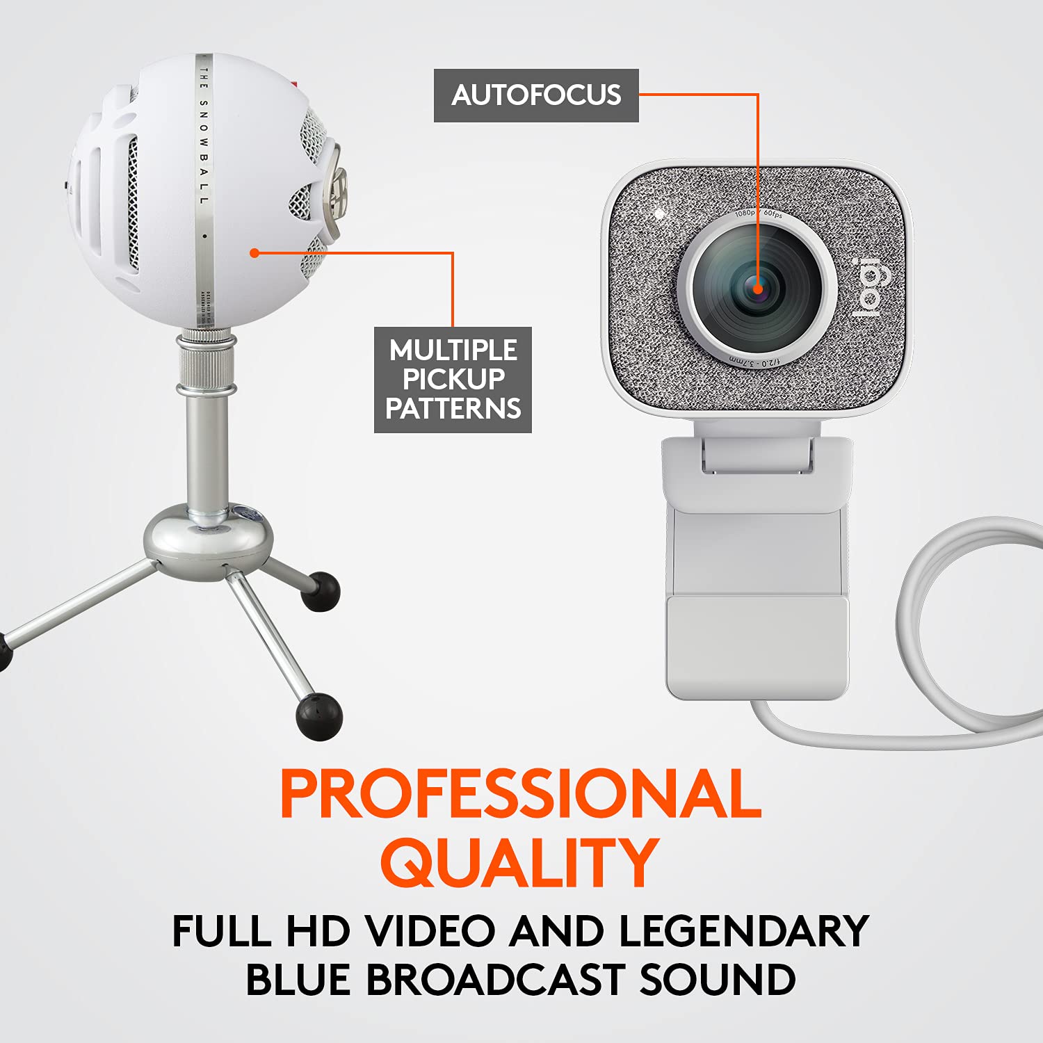 Logitech for Creators StreamCam Premium Webcam, Full HD 1080p 60 fps, Premium Glass Lens, Smart Auto-Focus, White and Blue Snowball USB Microphone β Textured White
