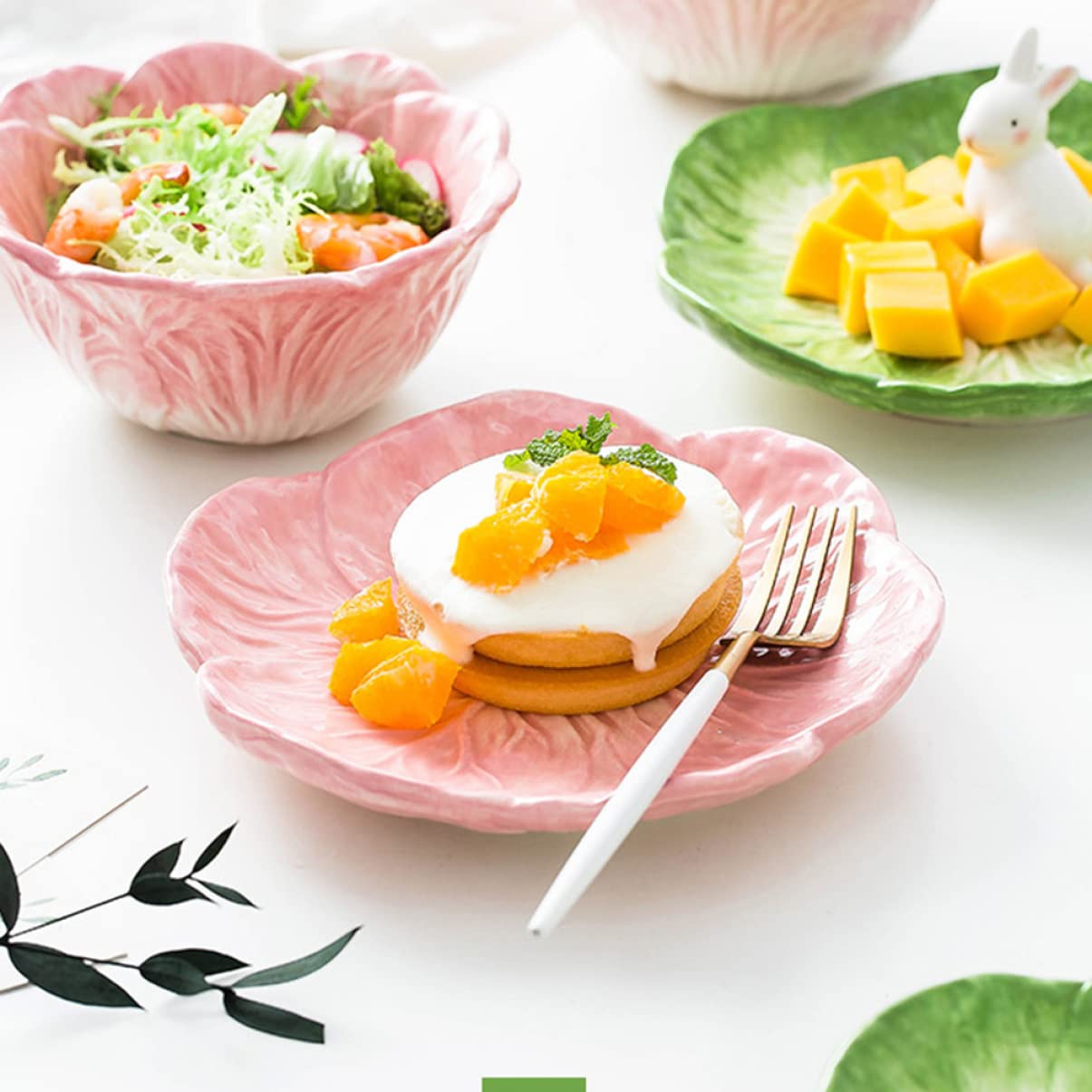Housoutil Cabbage for Shaped Easter Porcelain Multipurpose Dessert Snack Mixing Design Snacks Tray Serving Bowl Party Display Chinese Salad Kids Green Dinner Plate Seasoning Round Fruit
