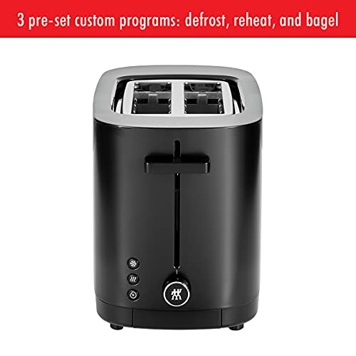 ZWILLING Enfinigy Cool Touch Toaster 2 Slice with Extra Wide 1.5" Slots for Bagels, 7 Toast Settings, Even Toasting, Reheat, Cancel, Defrost, Black