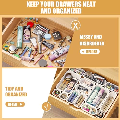 Famhap 16 PCS Desk Drawer Organizers, Versatile Bathroom and Vanity Drawer Organizer Trays, Storage Bins for Makeup, Bedroom, Kitchen Gadgets Utensils and Office(White)