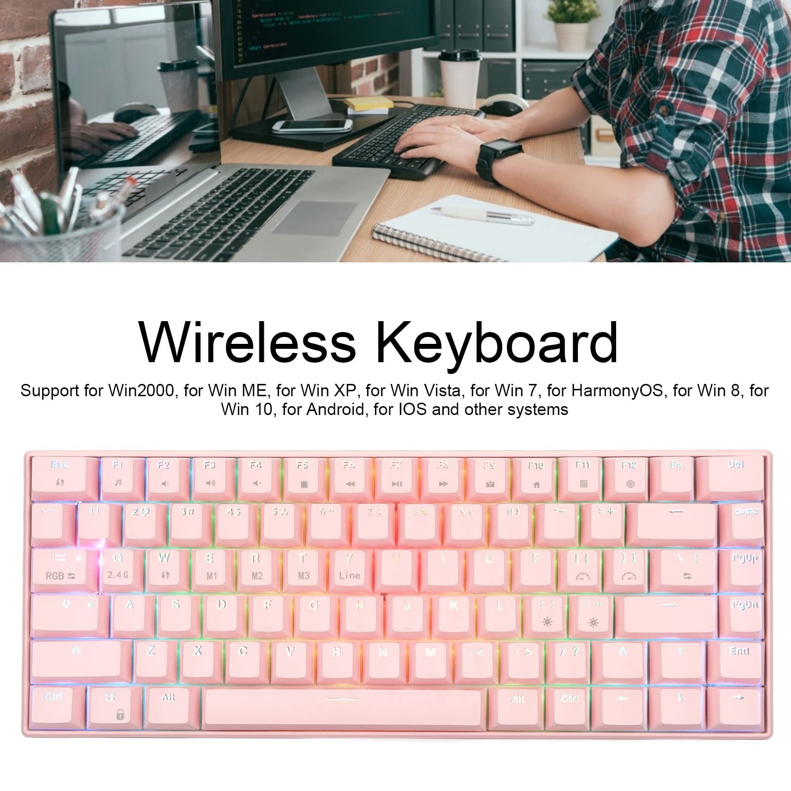 Mechanical Keyboard 82 Key, 3 Connection Modes RGB Backlight Keyboard, Ergonomic Pink Gaming Keyboard for Office, Supports 2.4G Wireless, Bt 3.5/5.0 and Type C Wired Connection (Linear Action Switch)