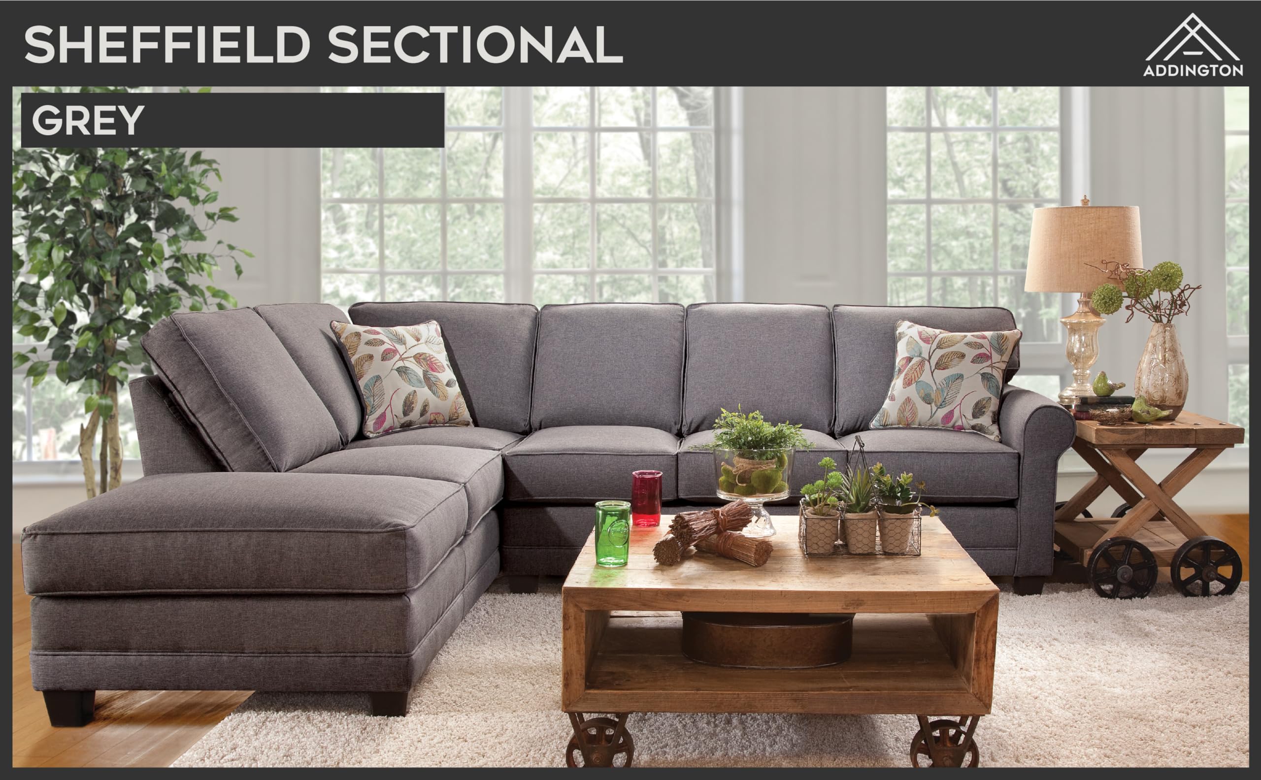 Roam & Remain Sheffield Extra-Large Upholstery Fabric Left-Facing Sectional Sofa for Living Room, L-Shaped, Grey, 6-Seat