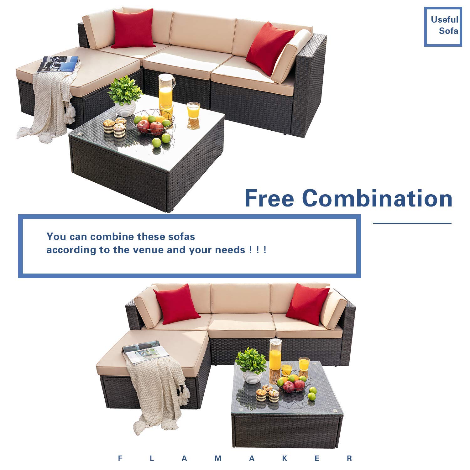 Flamaker 5 Pieces Patio Furniture Set Outdoor Sectional Sofa Patio Sofa Conversation Sets with Ottoman and Cushions