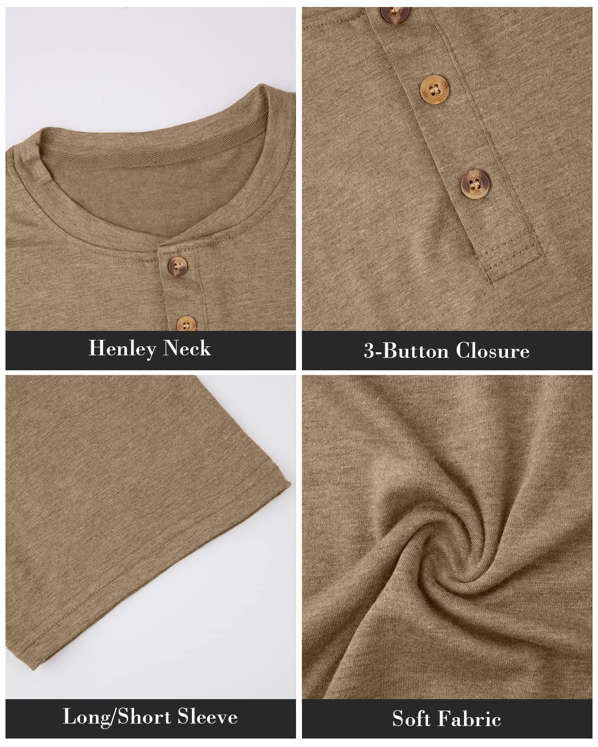 Fashion Men's Henley Shirts Classic Short Sleeve Basic Button Cotton T-Shirt with Pocket Khaki