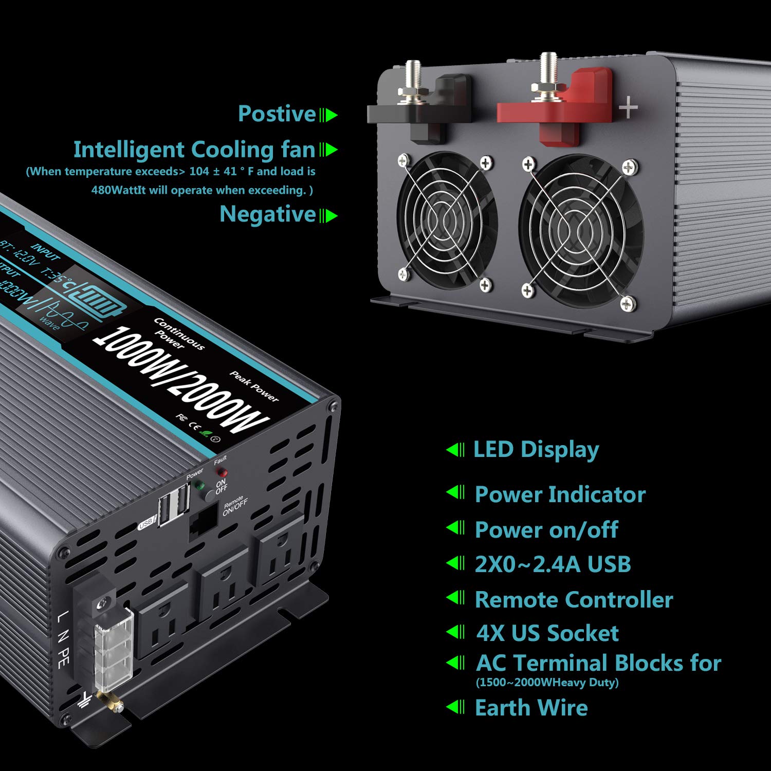 FLAMEZUM 1000W Continuous/2000W Peak Pure Sine Wave Inverter DC 12V to AC 110V Car Power Inverter with Remote Control 3 AC Outlets & 2A USB Output
