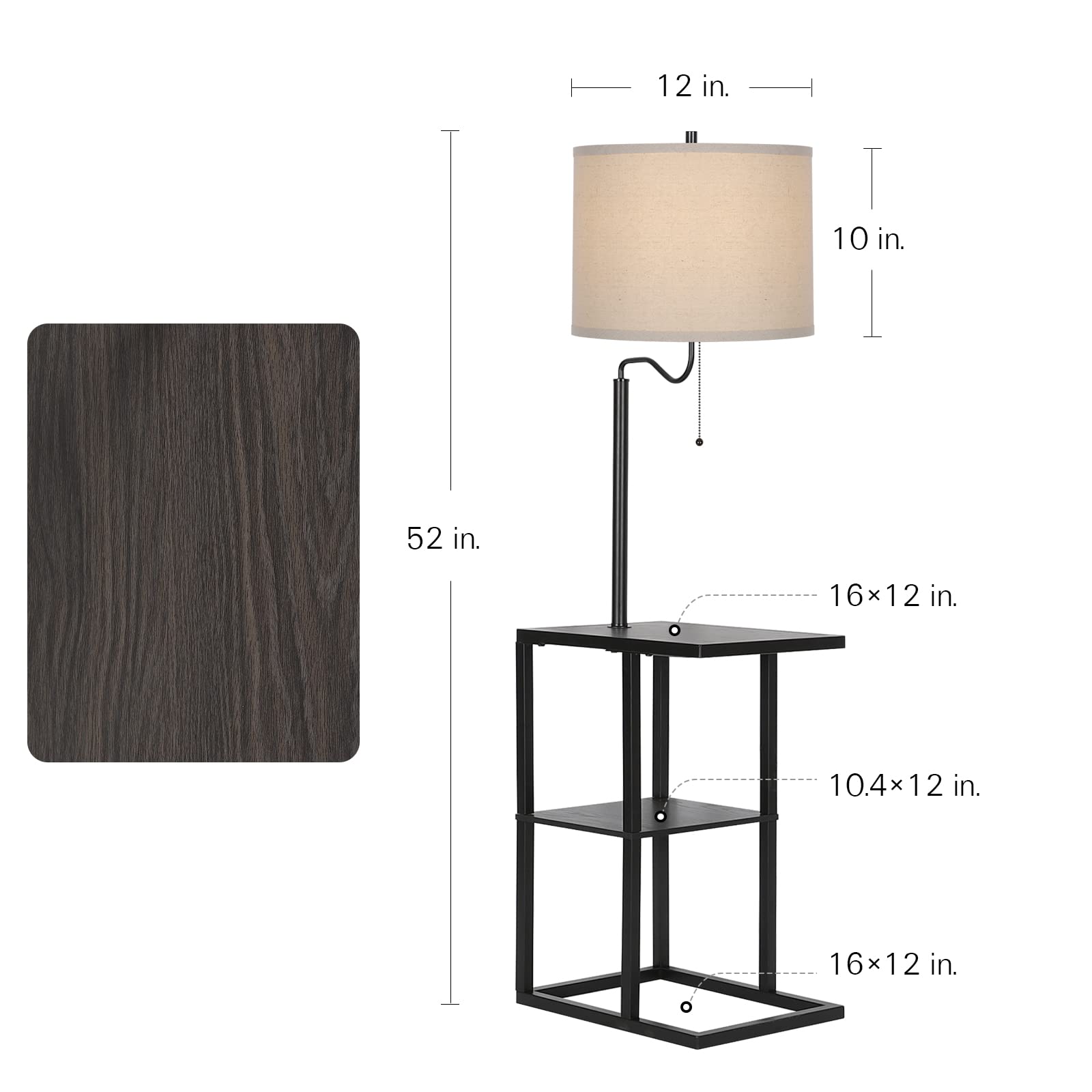 Floor Lamp with Side Table - USB Charging Port, Power Outlet, Modern Bedside Nightstand Lighting, Dark Grey Attached Side Table with Shelves for Living Room, Bedroom, Guest Room, Bulb Sold Separately