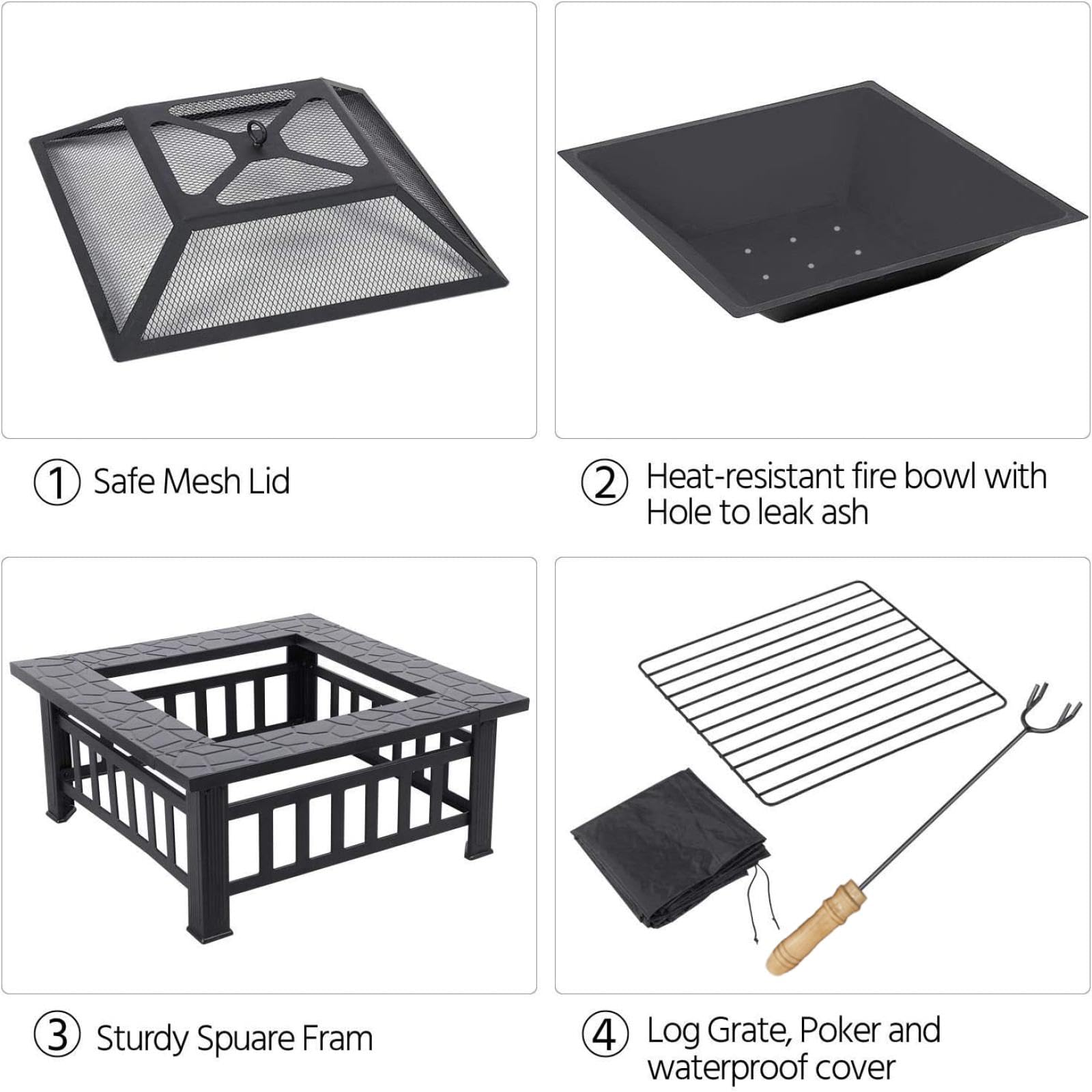 Fire Pit 32'' Wood Burning Firepit Metal Square Outdoor Fire Tables Steelfire Pit Bowl with Spark Screen Cover, Poker Log Grate for Patio Bonfire Camping Backyard Garden Picnic