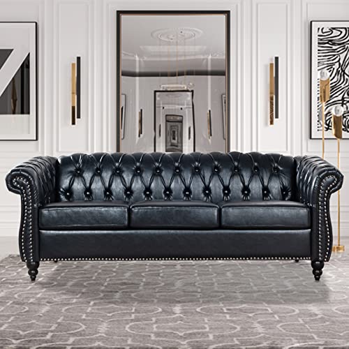 Vaztrlus Chesterfield Sofas for Living Room, Rolled Arm 3-Seater Leather 84" Large Couch Deep Button Nailhead Tufted Black Upholstered Couches for Bedroom, Office Apartment Easy to Assemble