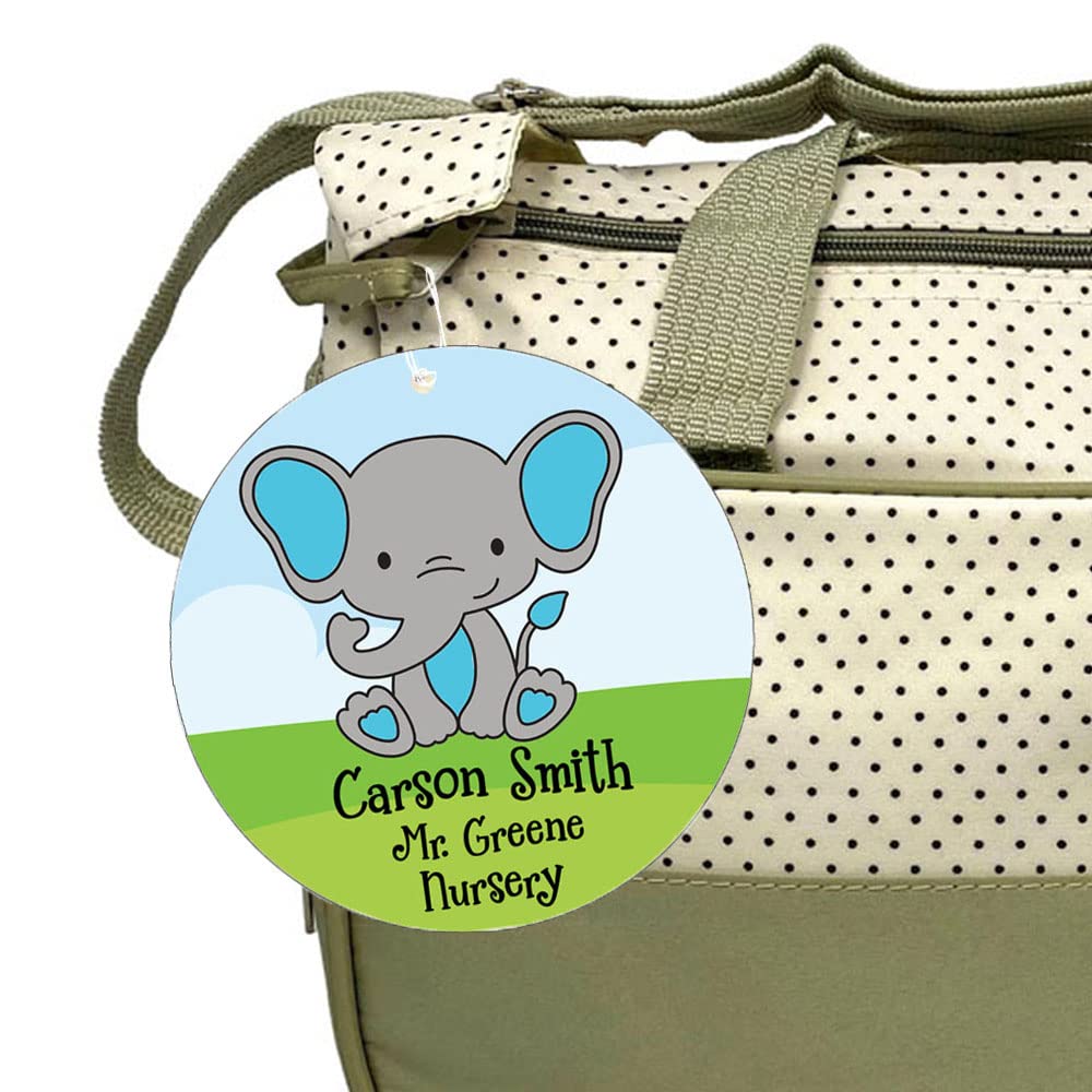 Personalized Blue Elephant Diaper Bag Tag - Children's Nursery or Daycare Diaper Tote Backpack Identifier Tag with Custom Name