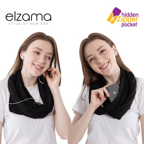 elzama Infinity Loop Solid Color Scarf With Hidden Zipper Pocket For Women - Lightweight Travel Neck Wrap