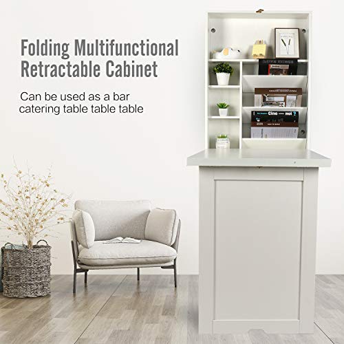 YUSING Wall Mounted Table, Fold Out Convertible Desk Multi-Function Computer Desk Writing Desk Home Office Wood Wall Floating Desk with Large Storage Area