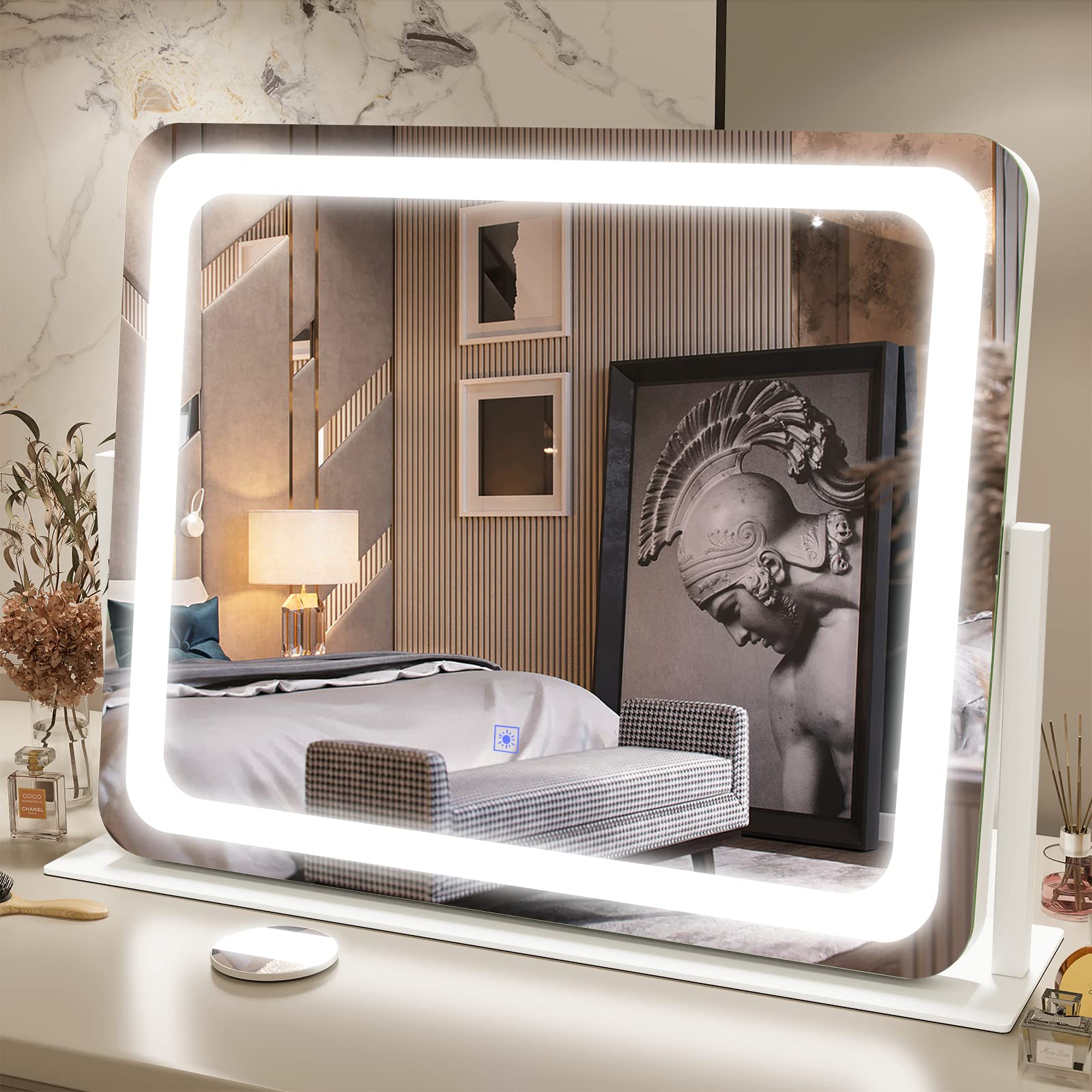 FENNIO Vanity Mirror with Lights 22''x19'' Makeup Mirror with Lights,Vanity Mirror Touch Screen with 3-Color Lighting,Dimmable,for Vanity Desk Tabletop