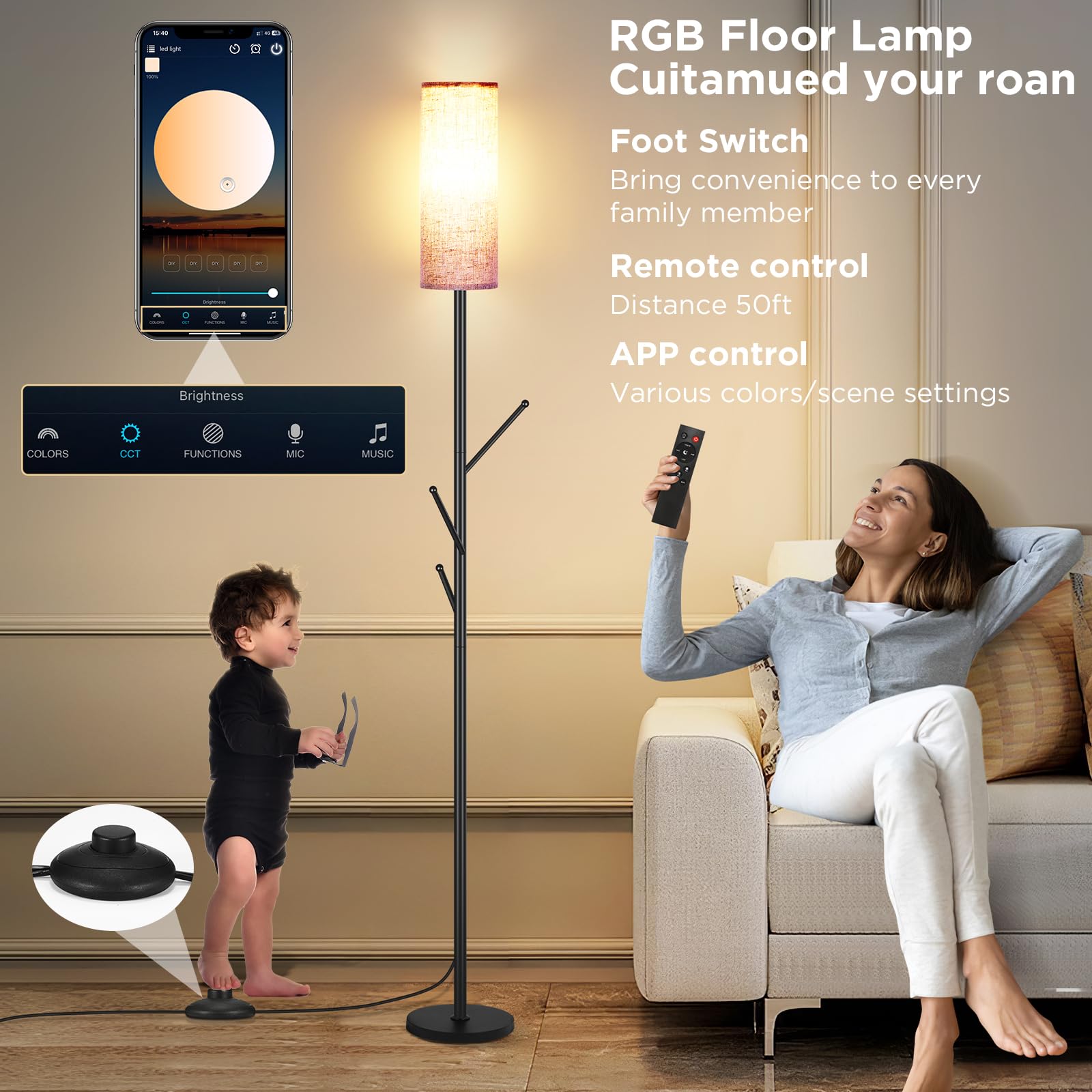Floor Lamp with Coat Rack Stand, Dimmable Floor Lamps for Living Room with Replaceable Smart Led Bulbs, Standing Light Atmosphere Lamp with App/Remote/Footrest Control, 100-240V, Bulb Included
