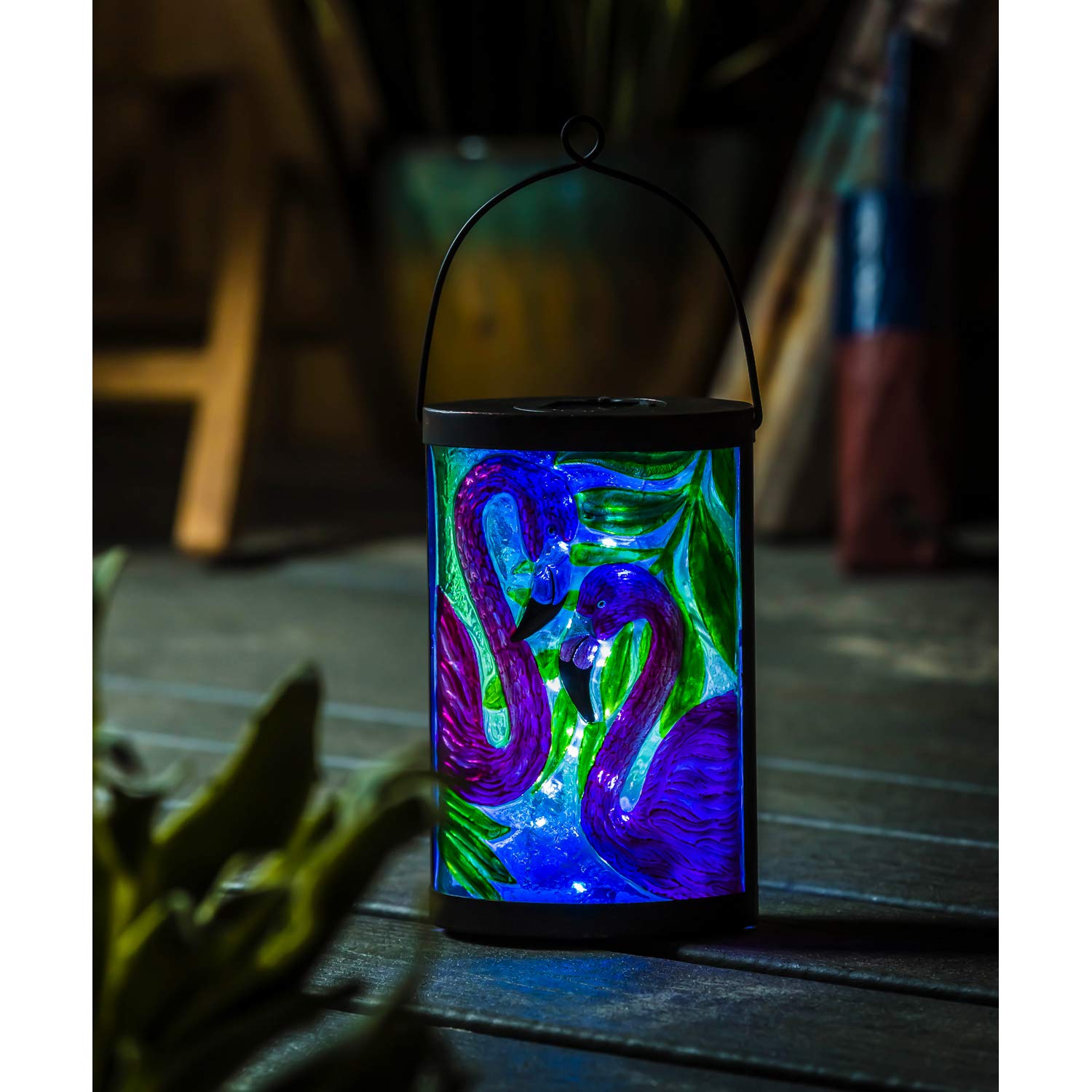 Flamingos Solar Glass Lantern - 6 x 4 x 9 Inches