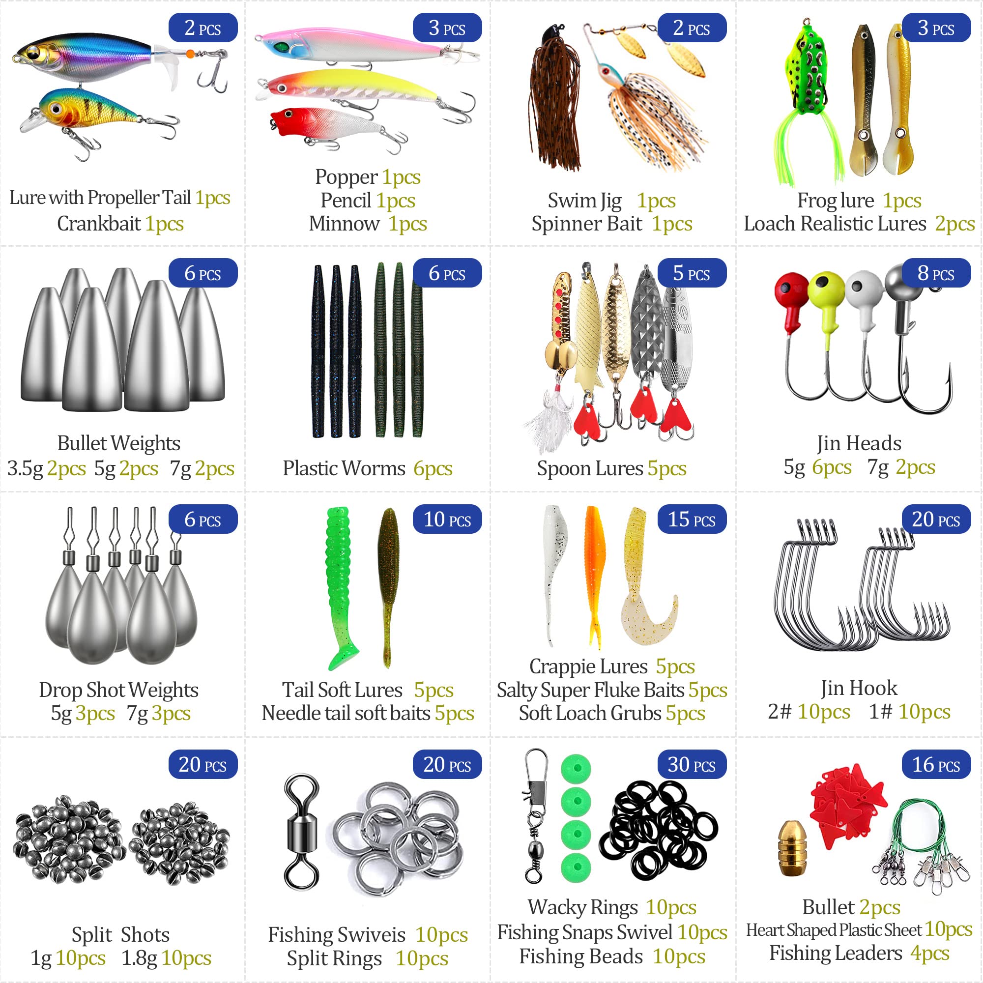 Fishing Lures Baits Tackle Fishing Accessories Kit Including Crankbaits, Spinnerbaits,Jig Hooks, Plastic Worms, Topwater Lures, Tackle Box and Fishing Gear Lures Kit Set