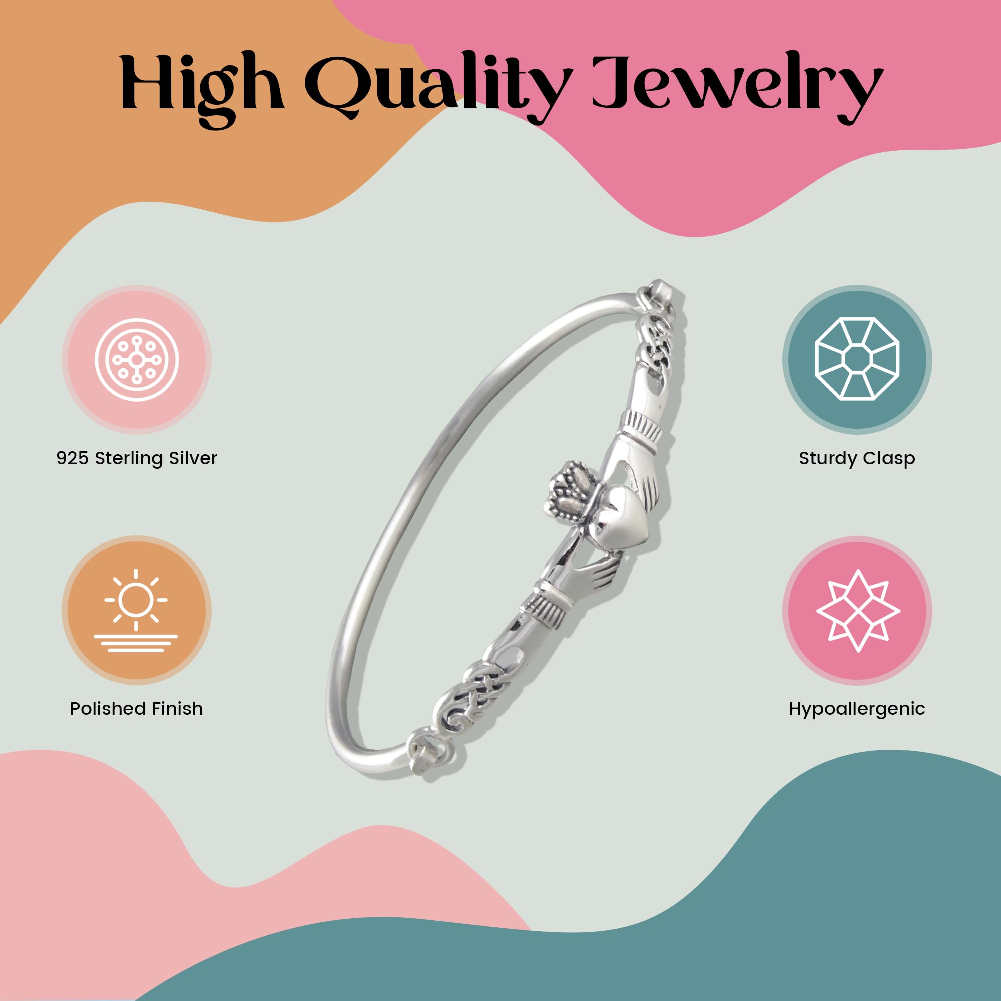 FashionJunkie4Life 925 Sterling Silver Irish Claddagh Celtic Knot Bangle Bracelet