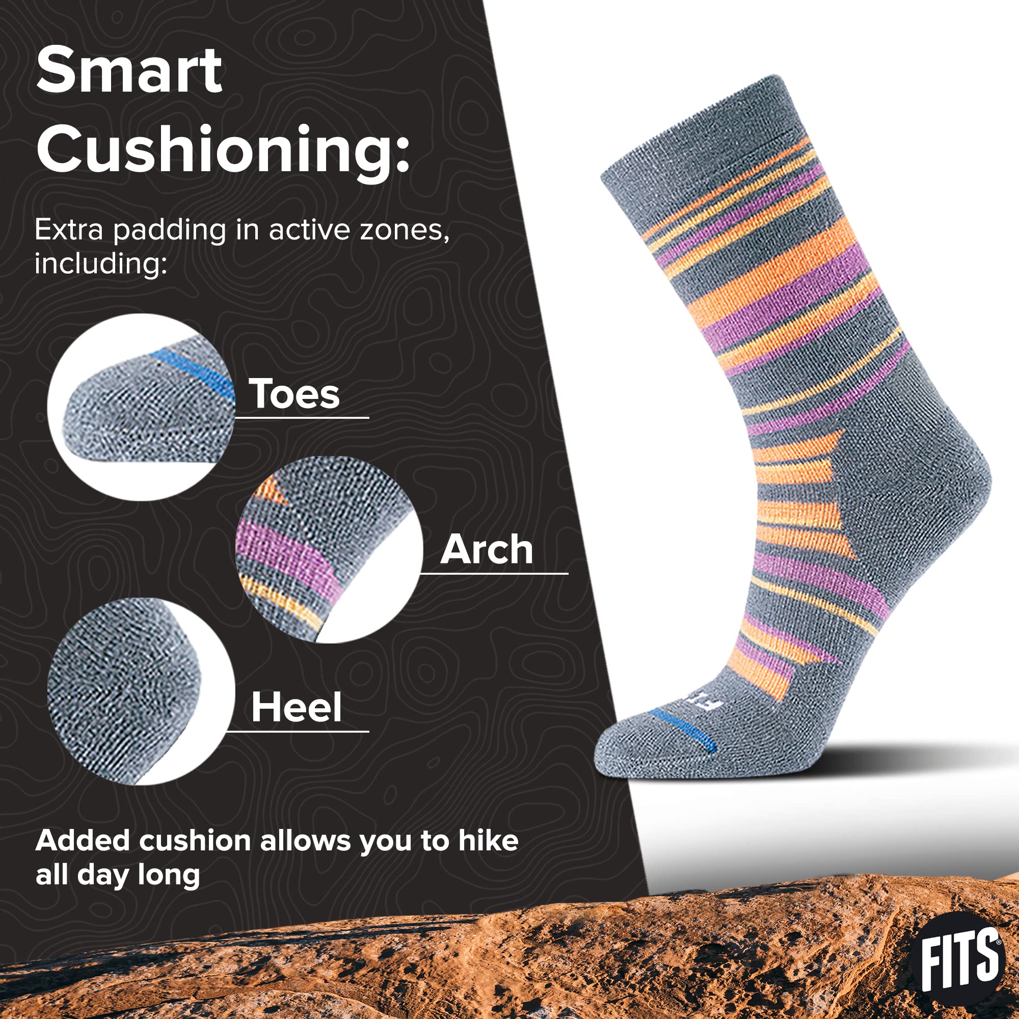 FITS Medium Hiker Crew Sock for Men and Women, Merino Wool, Cushion, Breathable, Odor Resistant, Lightweight Hiking Sock, Coal, X-Large