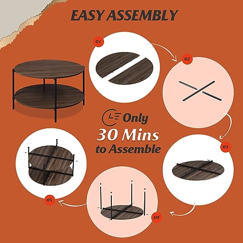 WLIVE Round Coffee Table, Living Room Table with 2-Tier Storage Shelf,32in Wood Modern Coffee Table with Metal Frame and Wood Desktop,Easy Assembly,Brown Walnut.