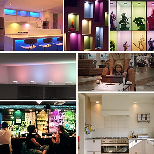 HFCDL LED Puck Lights with Remote Control, 50lm RGBW Color Changing Closet Battery Light, 13 Colors Stick-on Under Cabinet Lighting, with Dimmable Function (6-Pack)