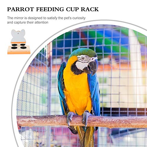 Parrot Mirror with Water Food Bowl Wood Holder Cage Accessory Feeding Bowl Parakeet Toys