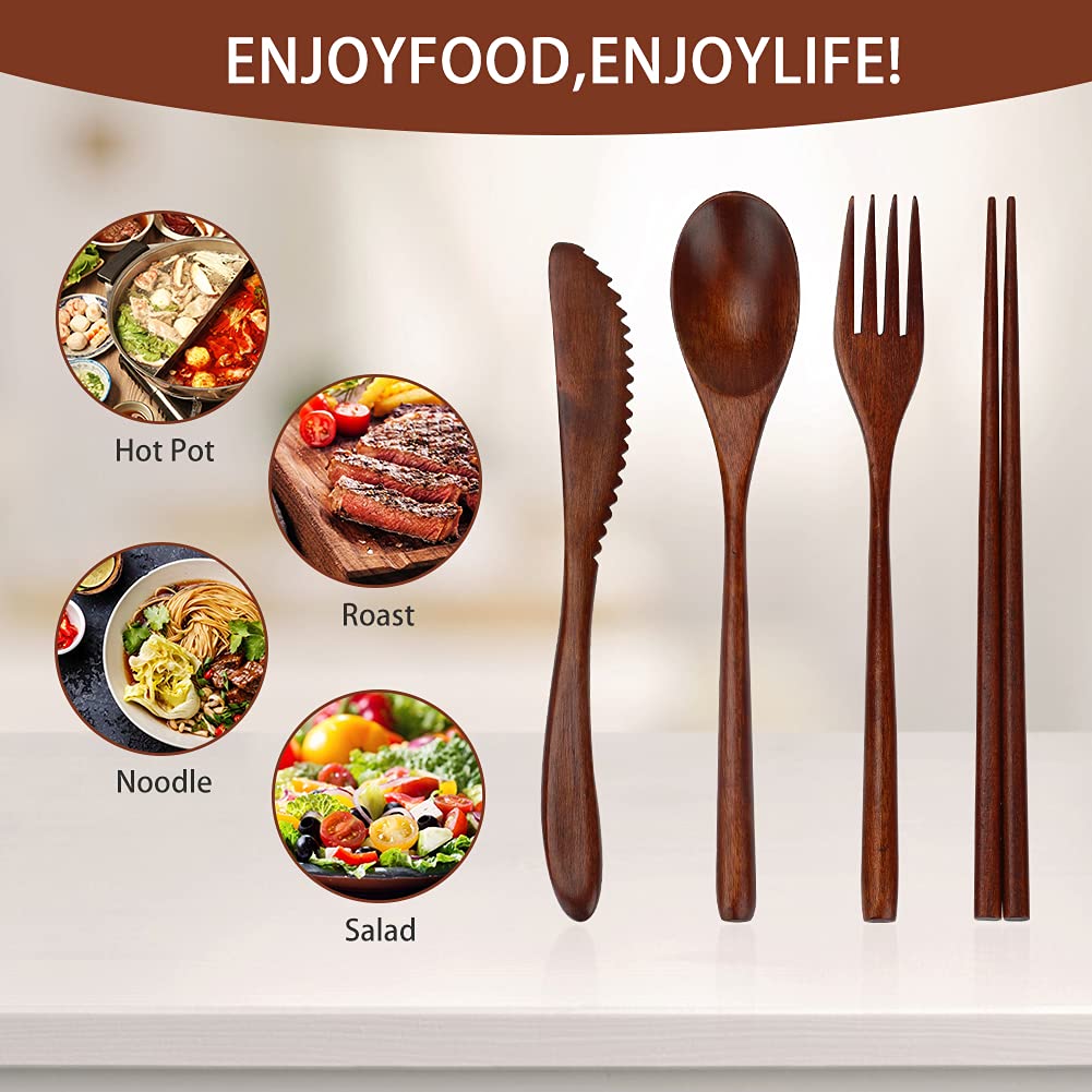 Ideashop Wooden Cutlery Set 16 PCS Reusable Flatware Set, Portable Wooden Utensils for Eating Includes Wooden Knife, Fork, Spoon, Chopsticks, with Pouch for Household Office Camping Traveling