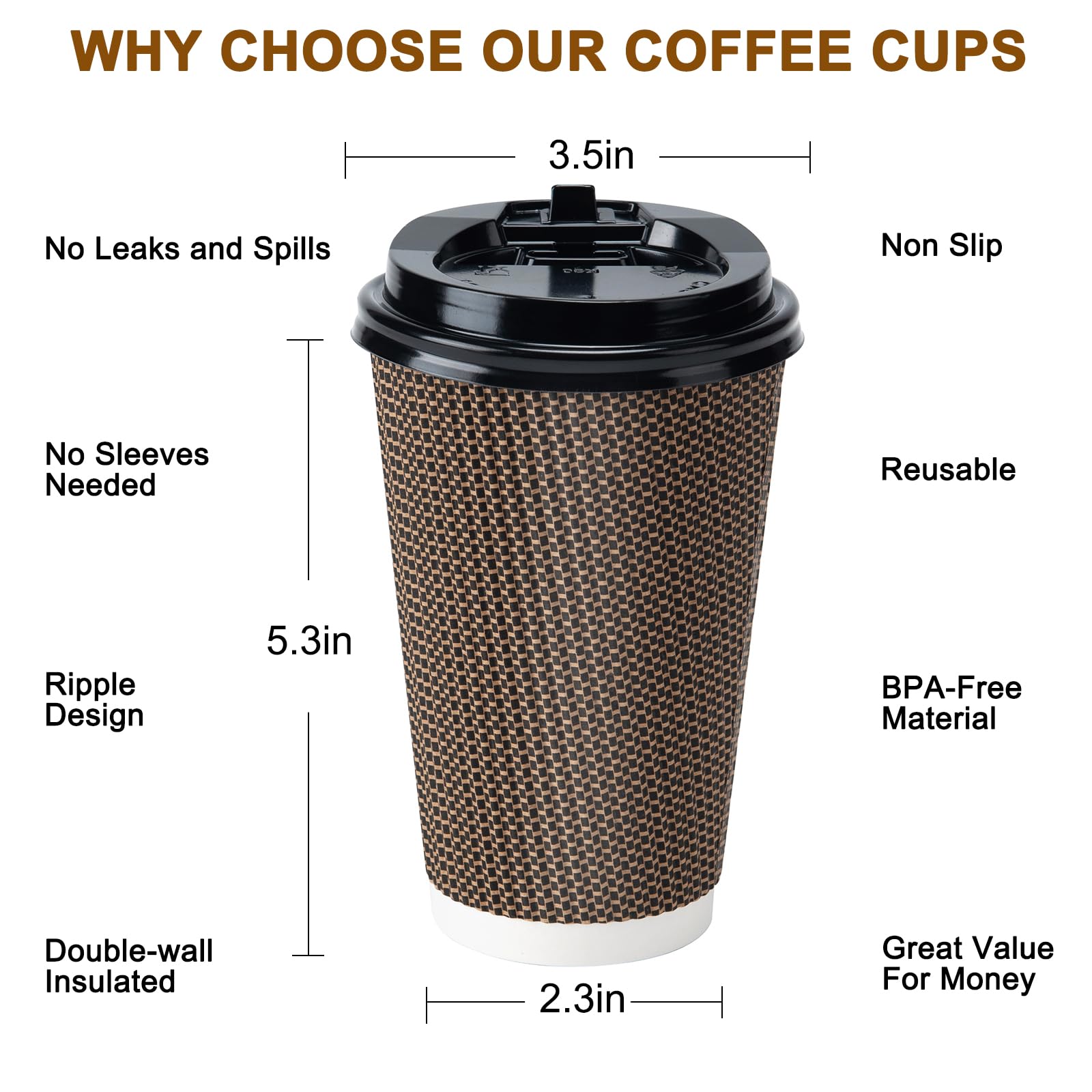 FIRSTLOVE 100 pack 16 oz Insulated Disposable Coffee Cups with Lids, Ripple Thickened Paper Three Layer To Go Coffee Cups,Perfect for Hot Coffee Tea Chocolate Drinks, Cafe