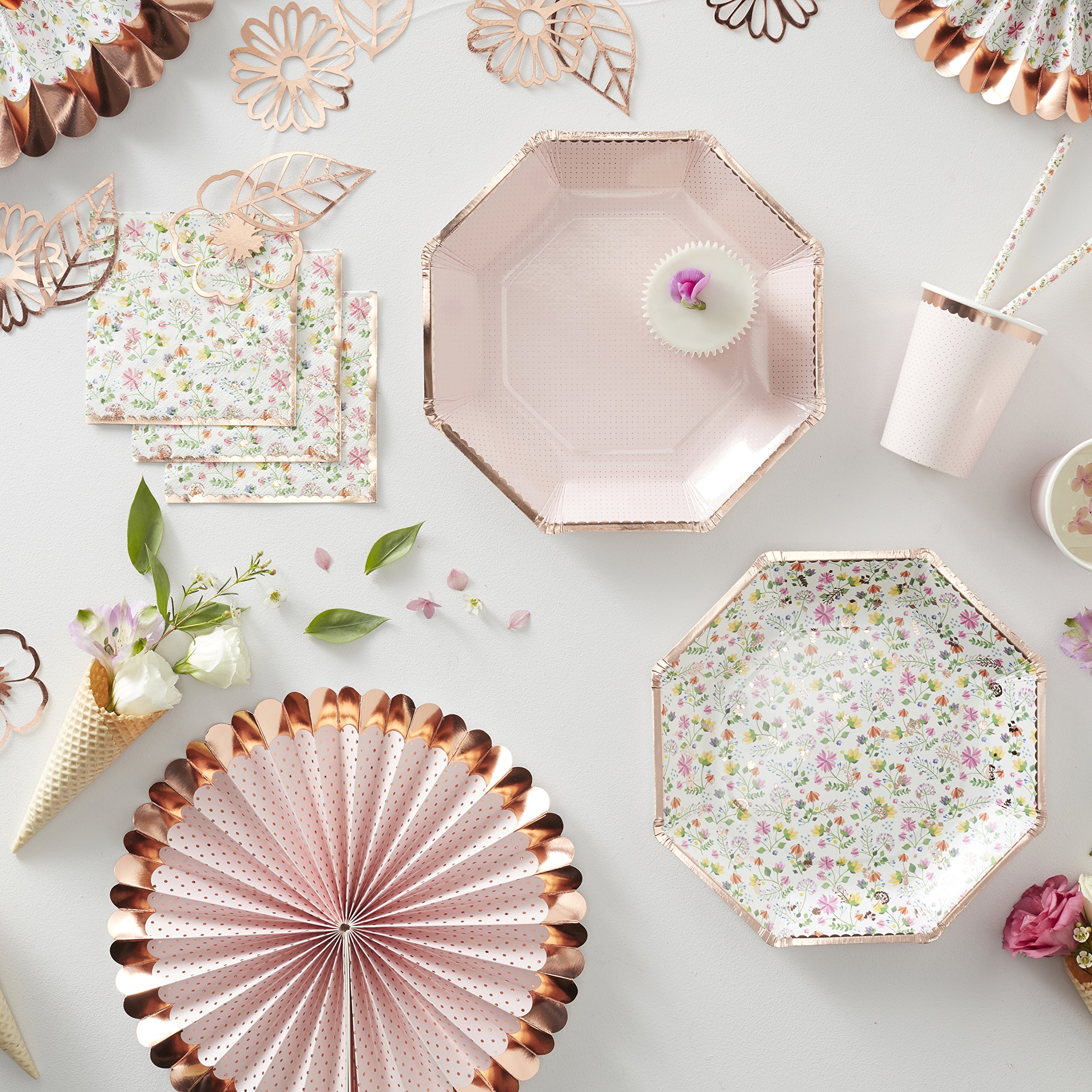 Floral And Pink Rose Gold Foiled Party Paper Plates - 8 Pack