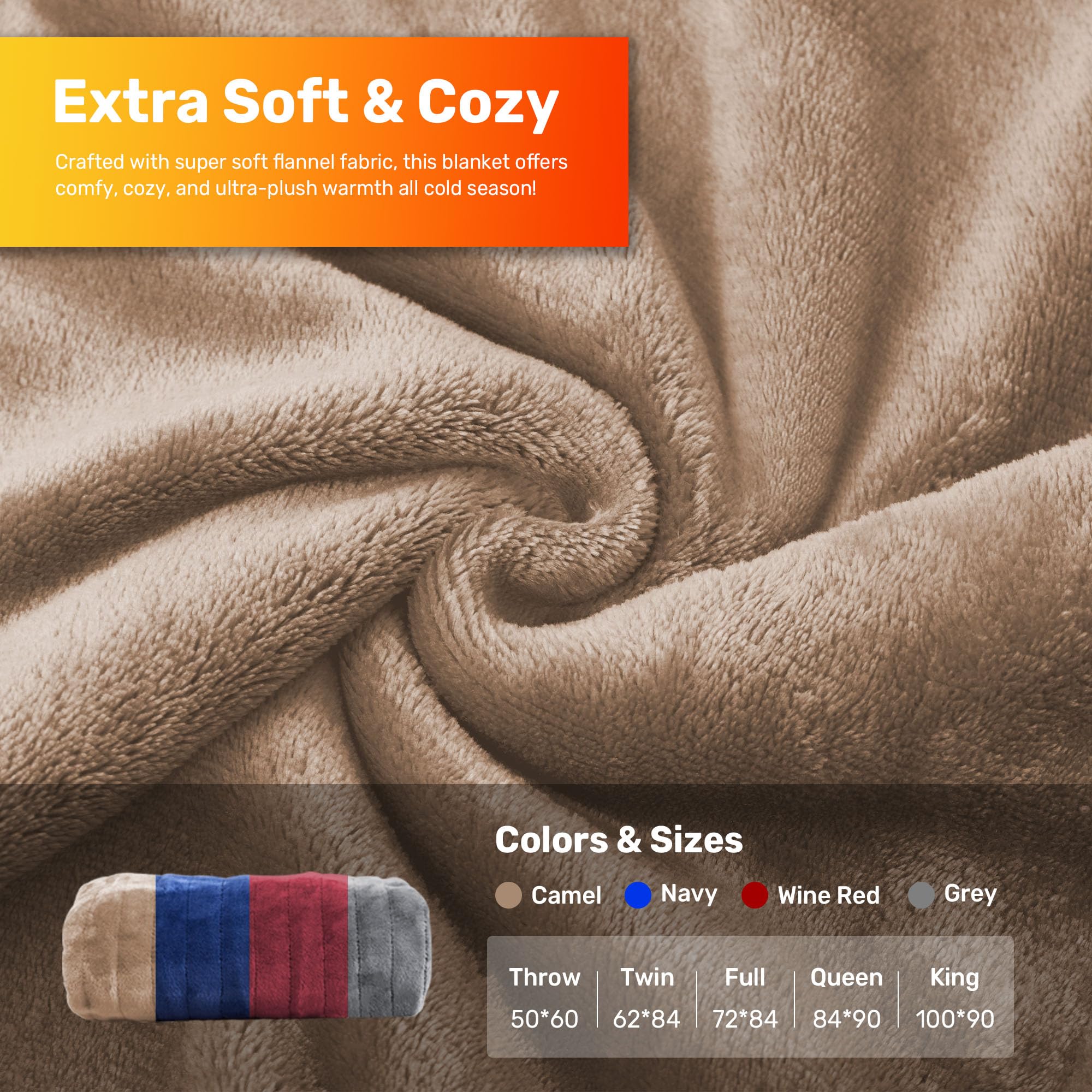 Flannel Electric Blanket King Size with Double 10 Heating Setting Controllers Fast Heating Heated Blanket Throw for Bed Couch, 1/2/4/6/8H Selectable Auto Shut Off Settings, 100"x90", Grey