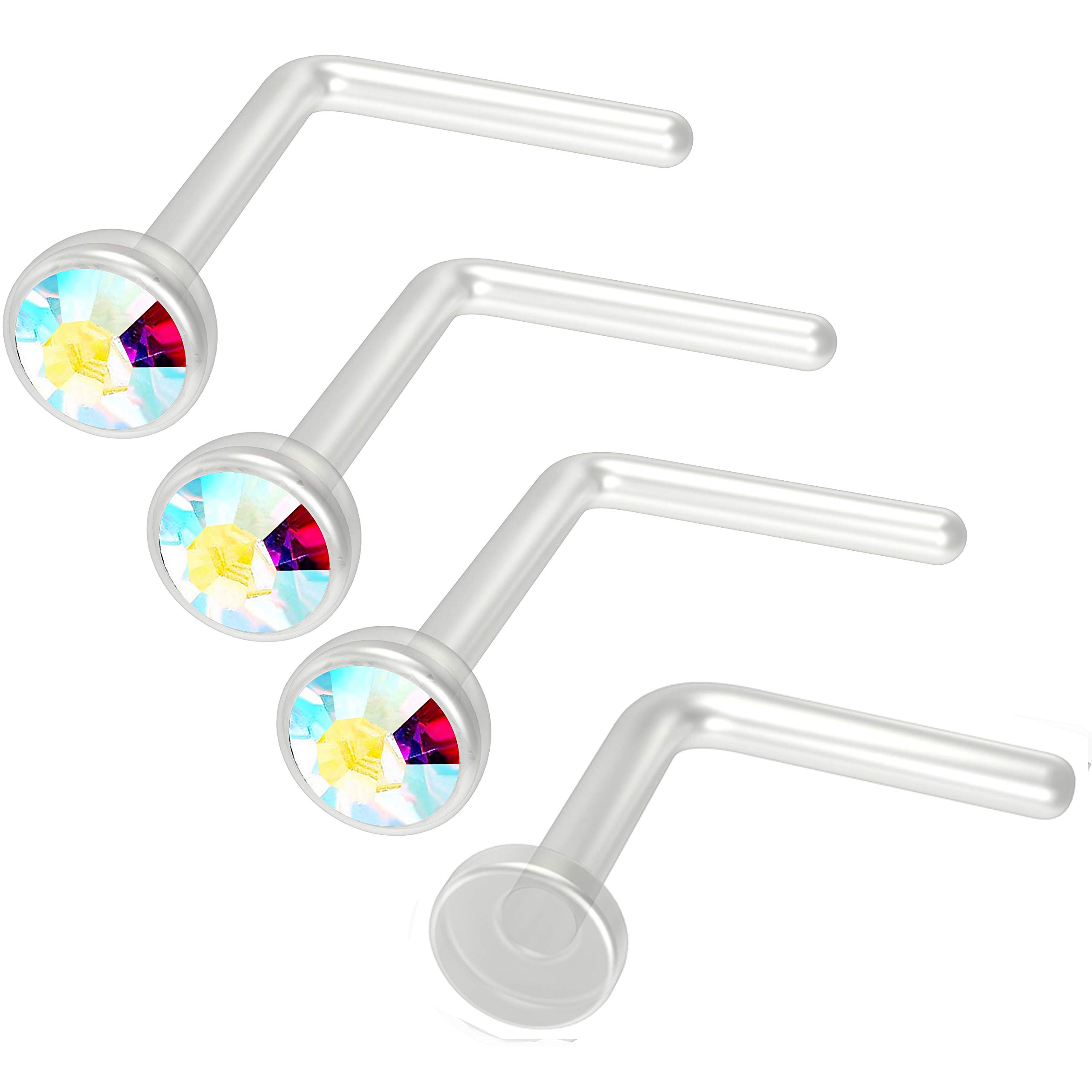 Evonix 4pc 20g 0.8mm Nose Rings L-Shaped Nose Ring AB Bioflex Clear Cute Flexible Bend Shape Studs Nostril Piercing 2.5mm Retainer