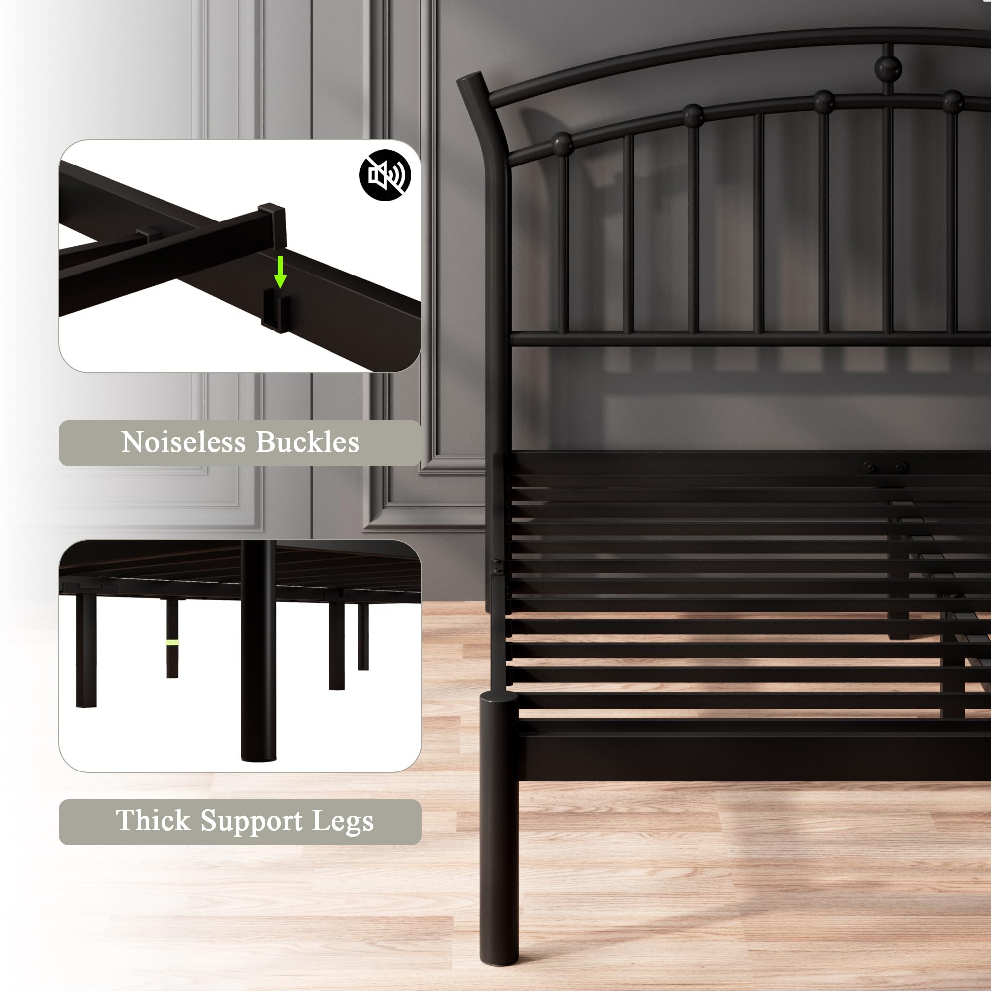 Feonase Queen Black Bed Frame, Heavy-duty Metal Bed Frame with 13 Hardened Steel Slats, 12" Under-Bed Storage, Noise-Free, Easy Assembly