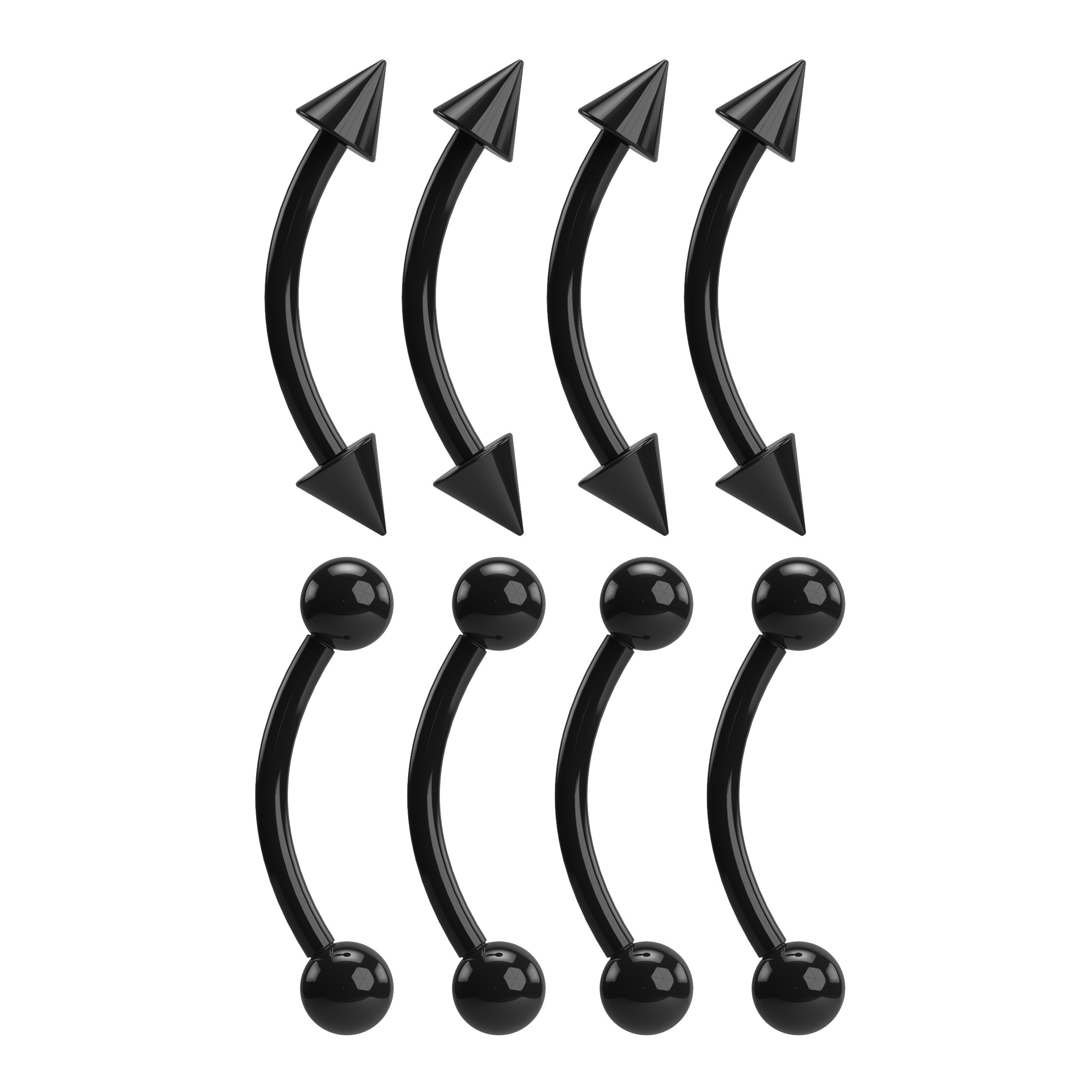Evonix 8pc 16g Curved Barbell Black Vertical Labret Piercing Jewelry Eyebrow Ring Nipplerings Lot Set 8mm
