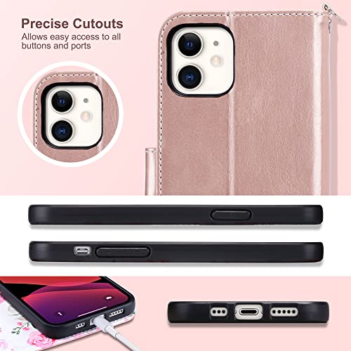 ULAK Compatible with iPhone 12 Wallet Case for Women, Premium PU Leather iPhone 12 Pro Flip Cover with Card Holder, Wrist Strap, Kickstand Shockproof Phone Case for iPhone 12/12 Pro 6.1, Rose Flower