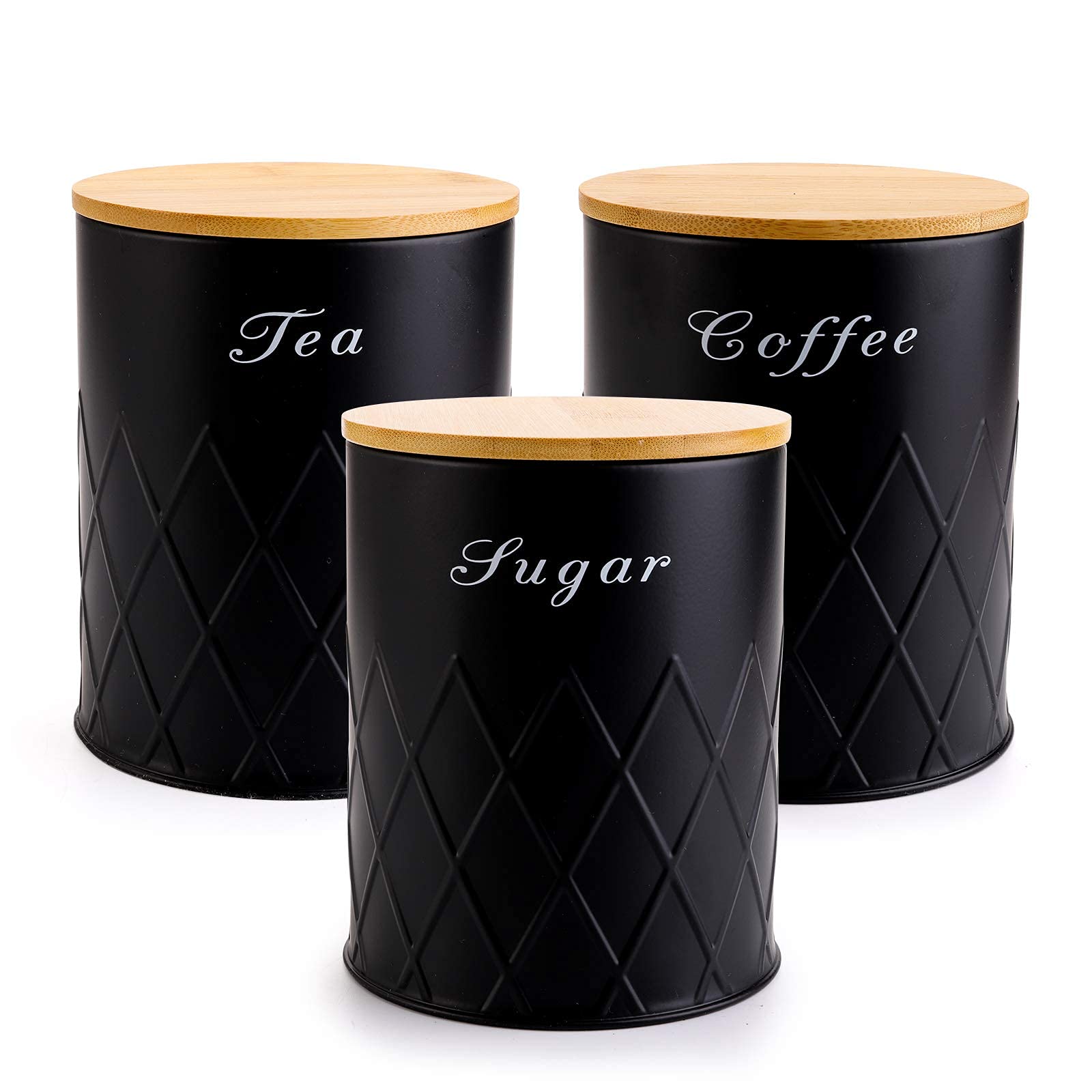 Fasmov 3 Pack Kitchen Canister Set, Coffee, Sugar, and Tea Storage Container Jars with Bamboo Lids for storing Sugar, Coffee and Tea, Black