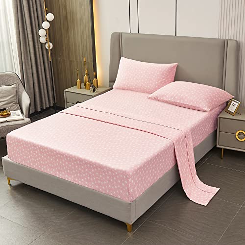 Floral Sheet Set Flower Full Size Sheet Sets, Brushed Microfiber Patterned Fitted Sheet with 15" Deep Pocket for Double Bed, Coral Pink Flower, 4 piece Sheet & Pillowcases Set