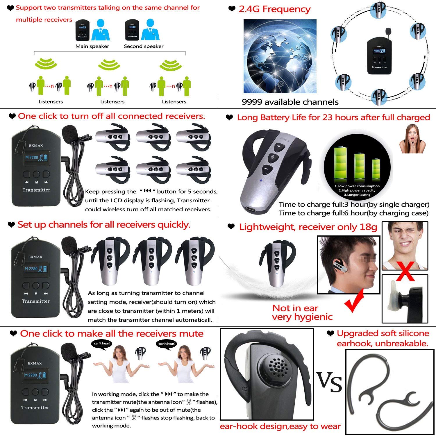 EXMAX EXD-6824 2.4GHz Wireless Audio Tour Guide Headset Systems up to 1-150M Transmission Range for Conference Church Travel Training hajj - 4 Transmitters & 60 Receivers with 64-Slot Charging Case