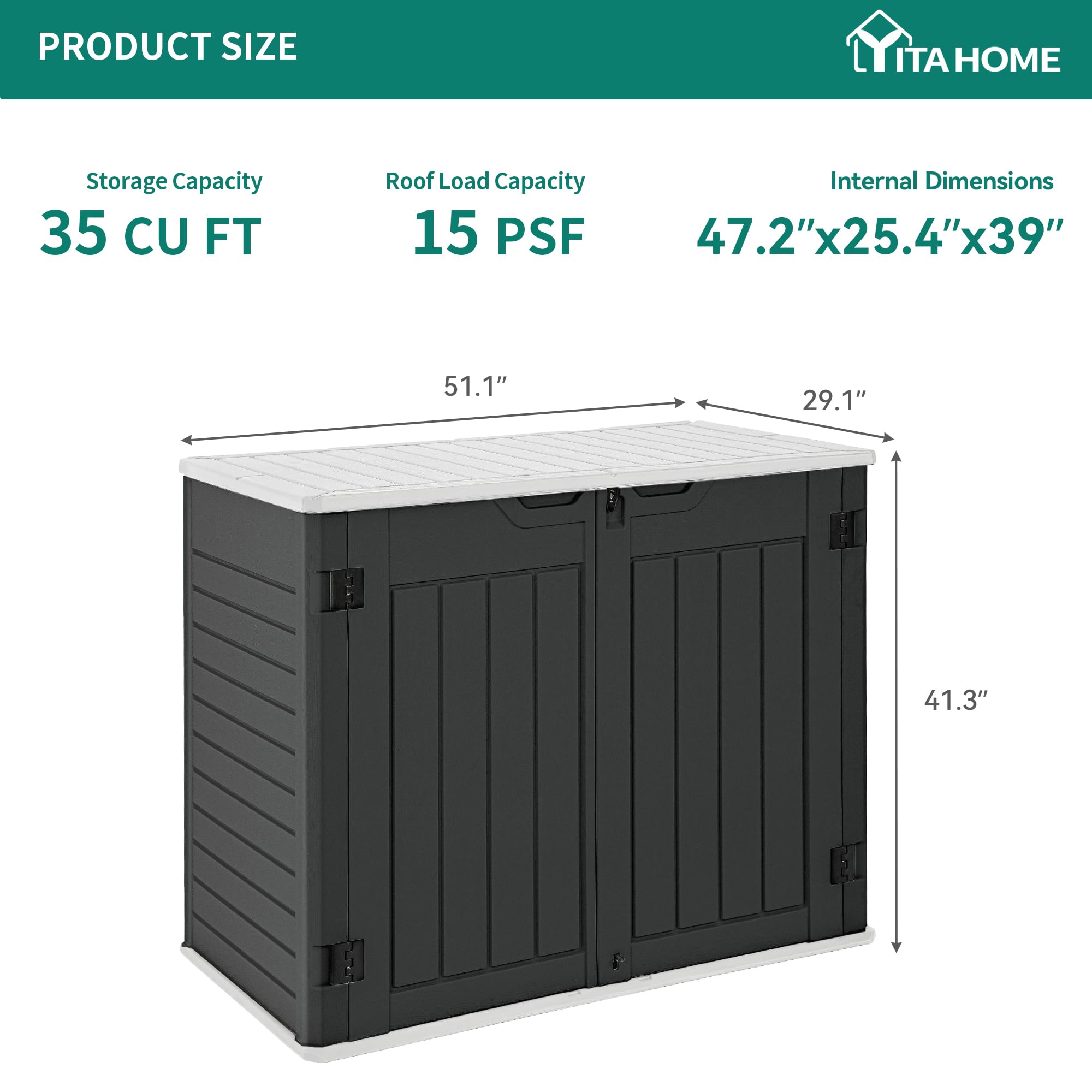 YITAHOME Outdoor Resin Storage Sheds, 39 in Height Lockable Waterproof Horizontal Shed w/o Shelf,Easy to Assemble Shed Storage for Garden Tools, Dark Gray
