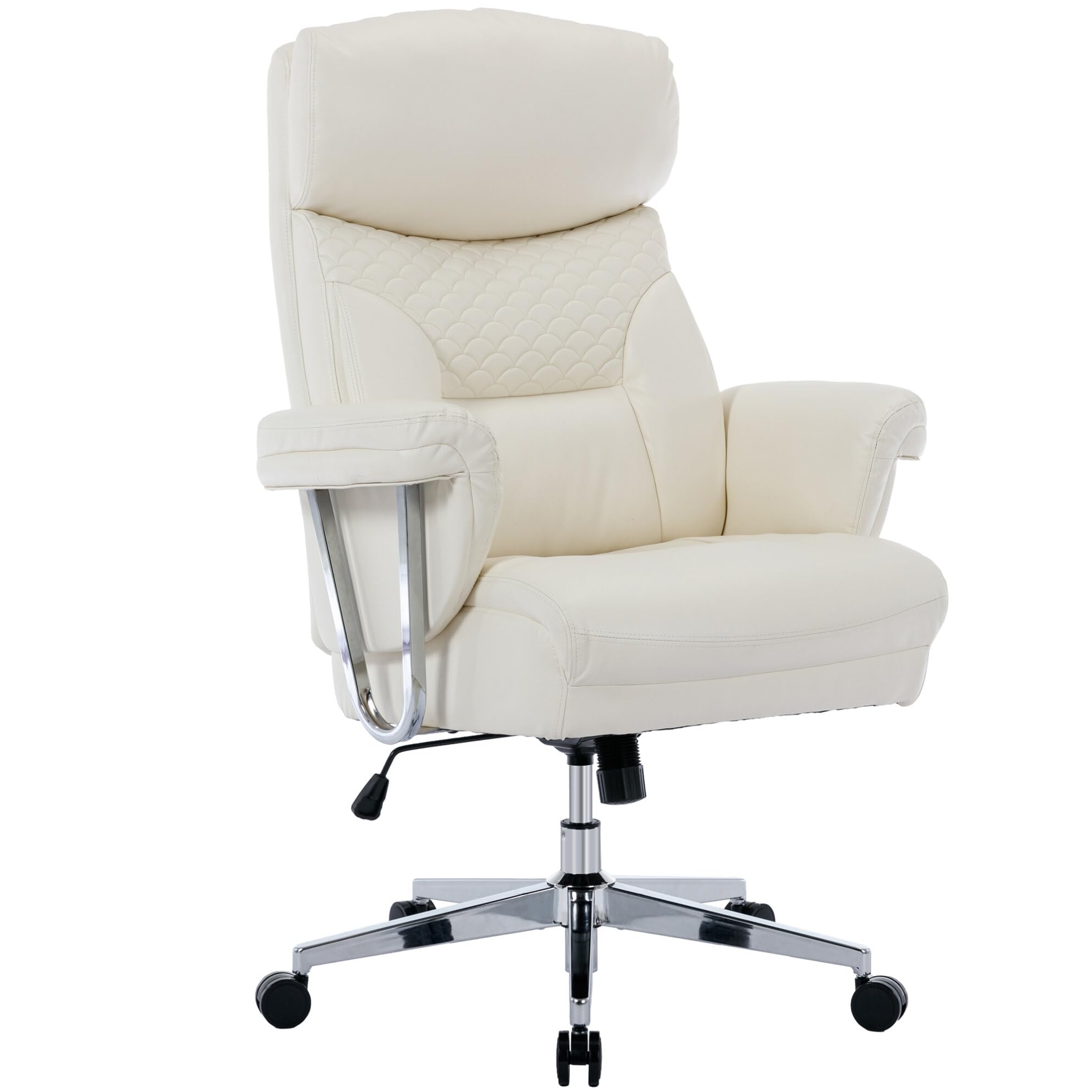 Executive Office Chair, High Back Ergonomic Leather Computer Desk Chair with Adjustable Rock Back Tension, Thick Bonded Leather Office Chair with Lumbar Support, Weight Capacity 300lbs, White