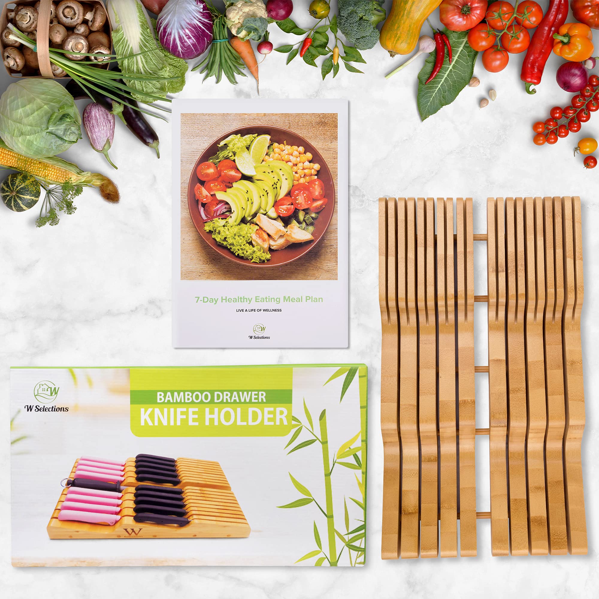 W Selections Bamboo Knife Drawer Organizer Insert - Kitchen Storage Holder for [18~26 Knives & 1~2 Honing Steel] Organization - Saves Countertop Space & Made of Premium Quality Moso Bamboo