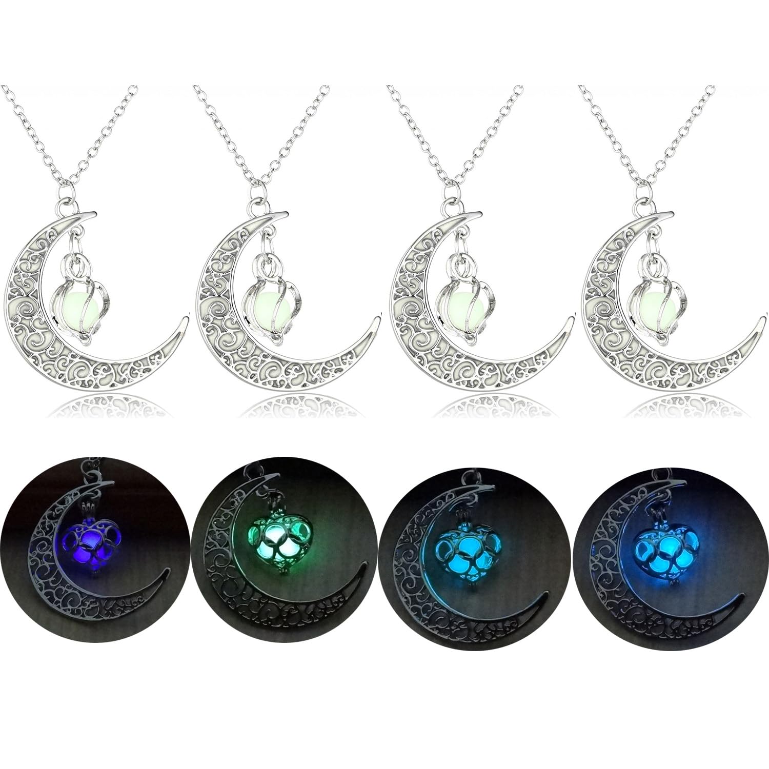 Fineder 4 Colors Luminous Series Moon Love Heart Pendant Necklace Fluorescent Necklace, Glow in the Dark Necklace