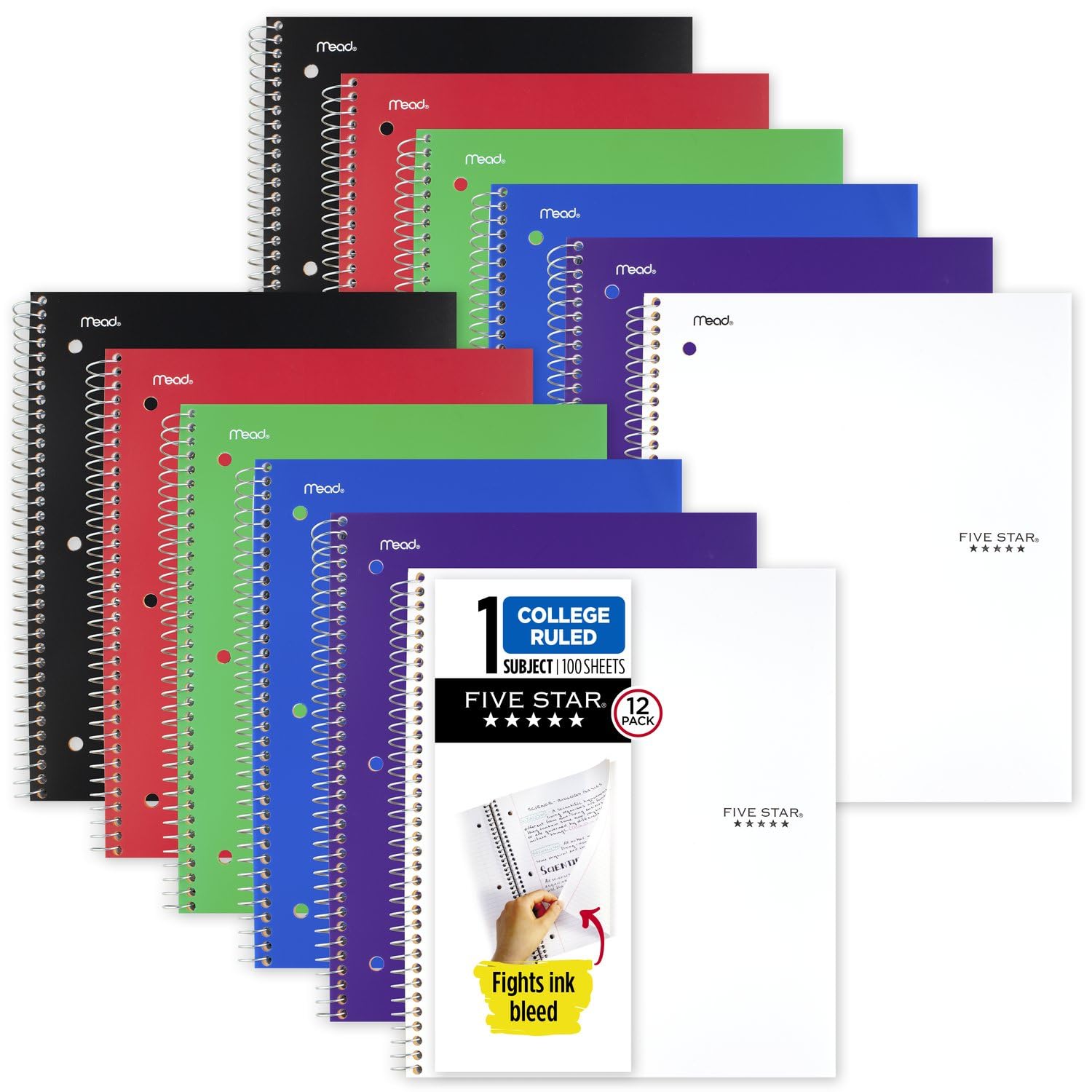 Five Star Spiral Notebooks + Study App, 12 Pack, 1 Subject, College Ruled Paper, 8-1/2" x 11", 100 Sheets, 2 Black, 2 Red, 2 Blue, 2 Green, 2 White, 2 Purple (52164)