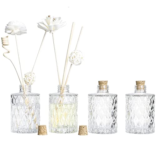 MyGift Vintage Textured Clear Glass Diffuser Bottles/Flower Bud Vases with Diamond-Faceted Pattern and Cork Lids, Set of 4