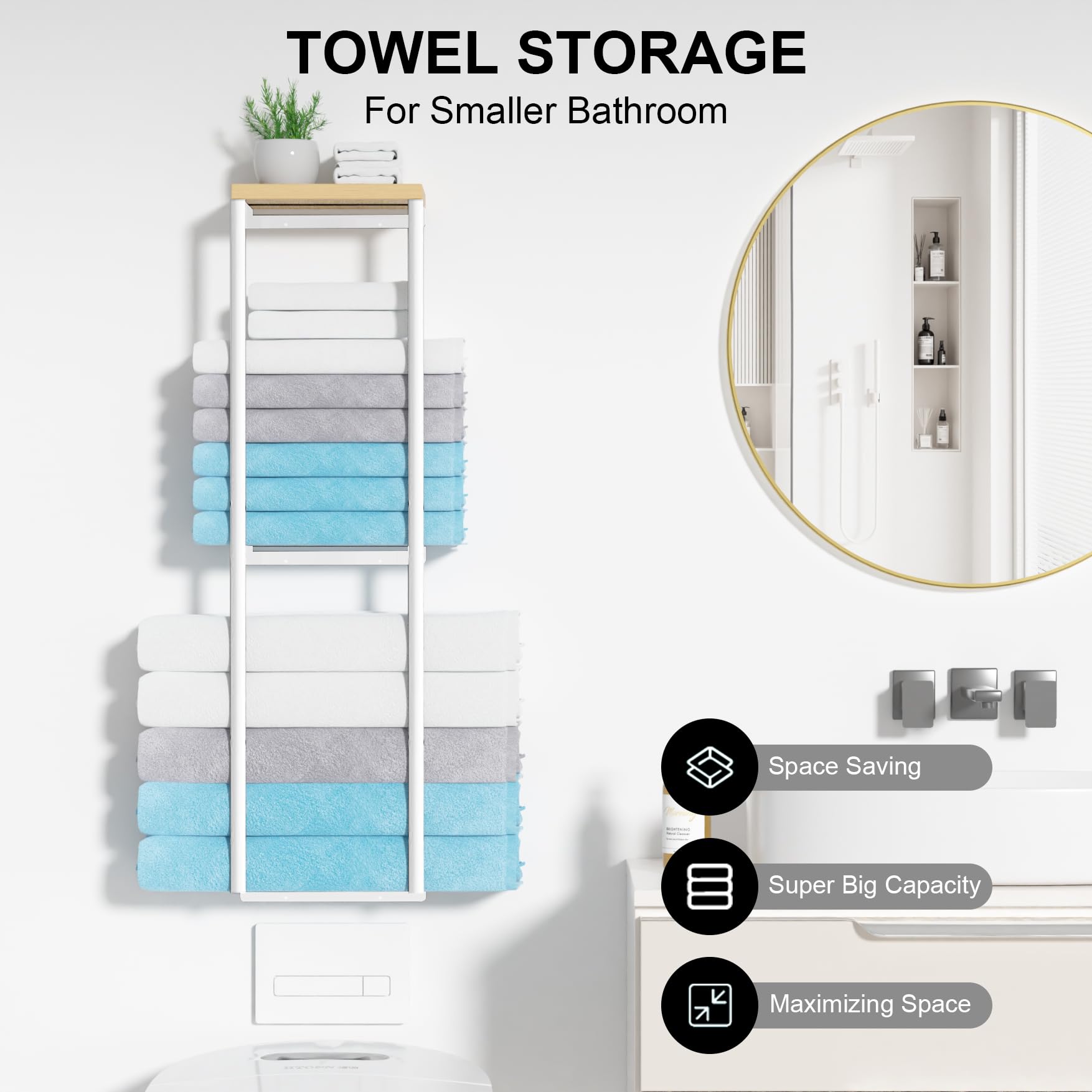 Rolled Towel Racks for Bathroom Wall Mounted, Wall Towel Rack for Large Bath Rolled Towels, Metal Wall Towel Holder Mounted Towel Storage for Small Bathroom (White, 2 Tier)