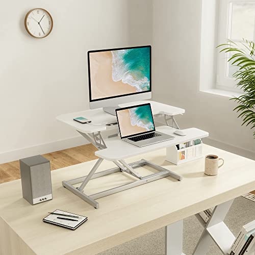 FEZIBO 28” Height Adjustable Standing Desk Converter with USB Charging Port, Quick Sit to Stand Tabletop Dual Monitor, Stand Up Desk Riser for Home Office, White