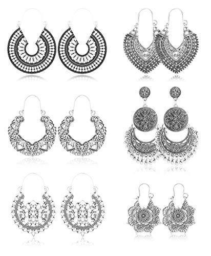 Florideco 6 Pairs Vintage Bohemian Drop Dangle Earrings Boho National Style Hollow Petal Heart Shaped Beaded Statement Earrings for Women Hypoallergenic Silver Jewelry